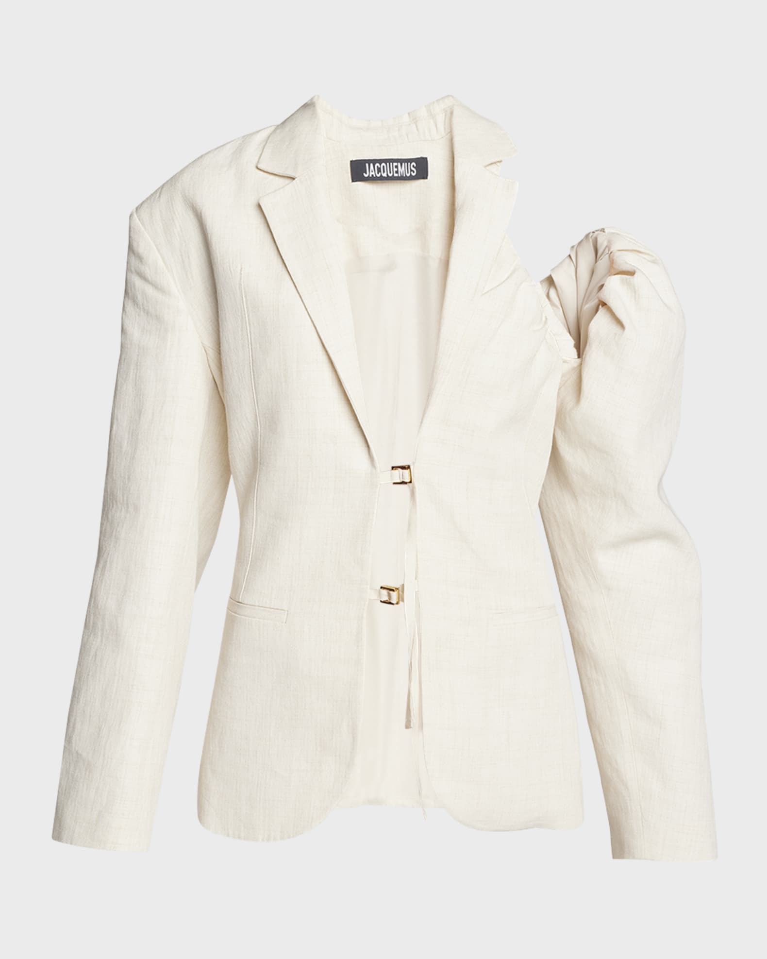 Jacquemus Linen Blazer Jacket with Off-Shoulder Puff Sleeve | Neiman Marcus