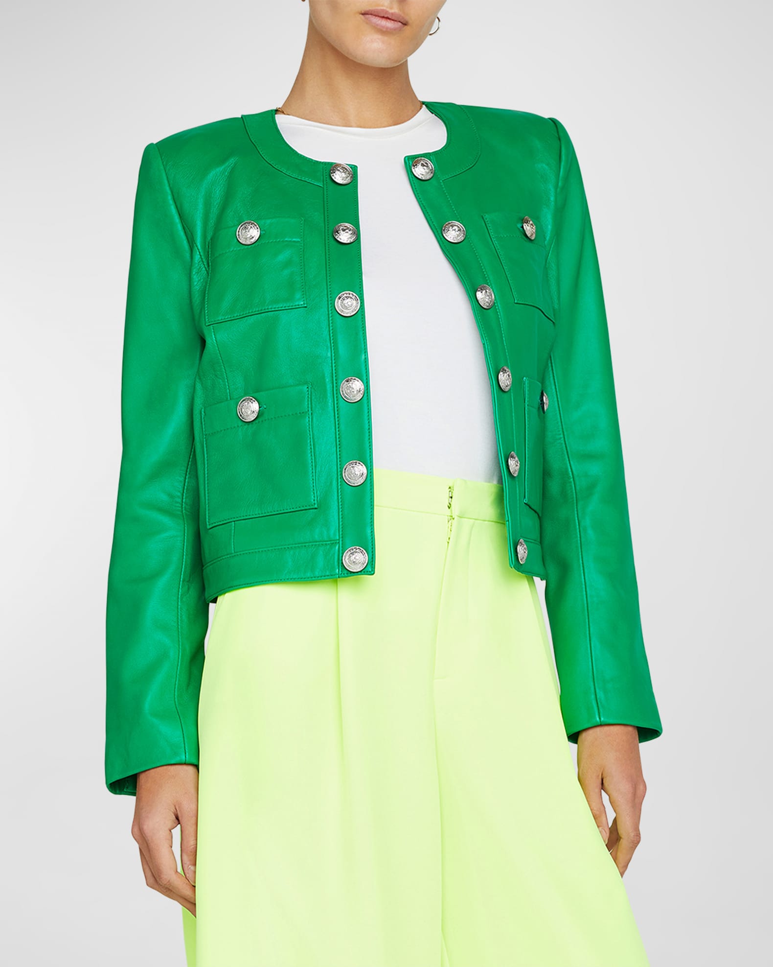 L'Agence Jayde Collarless Leather Jacket | Neiman Marcus