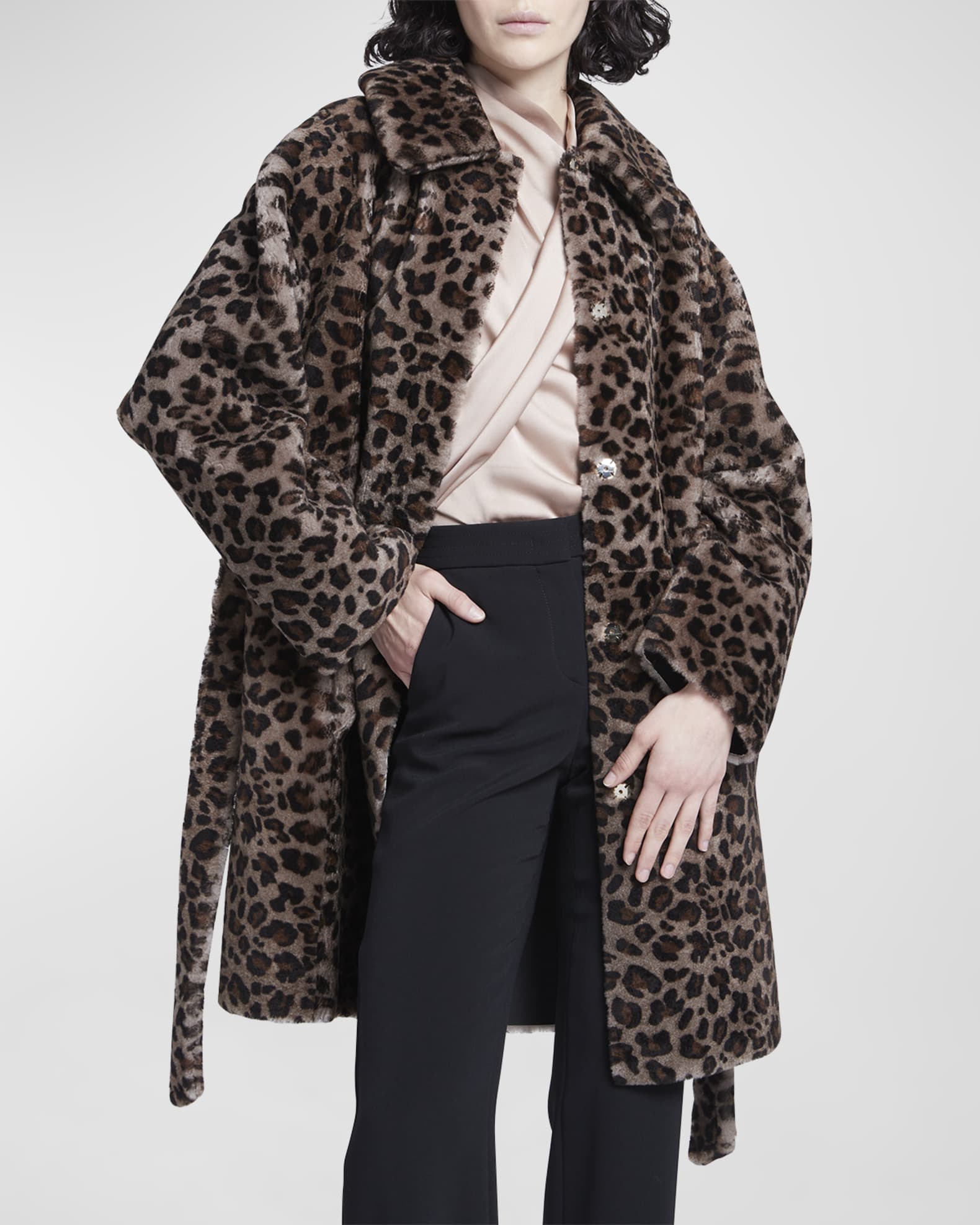 Giorgio Armani Leopard Print Shearling Belted Wrap Coat | Neiman Marcus