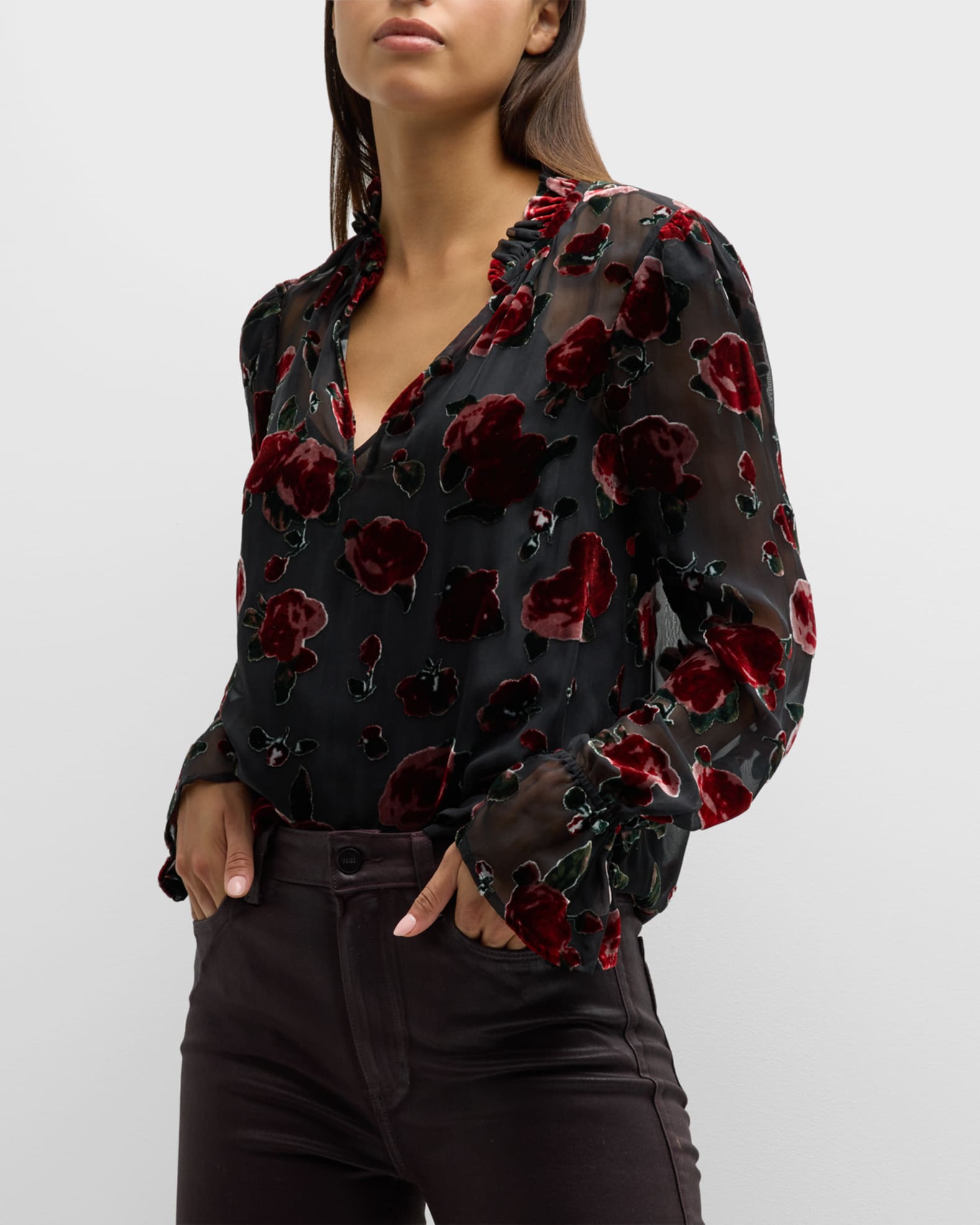 PAIGE Laurin Sheer Long-Sleeve Rose Blouse | Neiman Marcus
