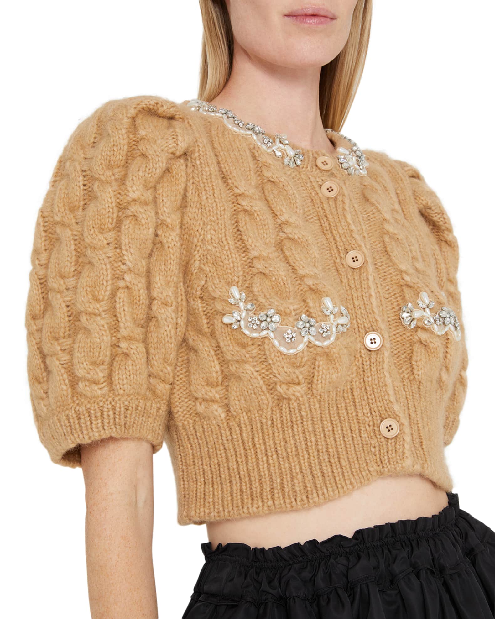 Simone Rocha Embellished Cable-Knit Puff-Sleeve Cropped Cardigan ...