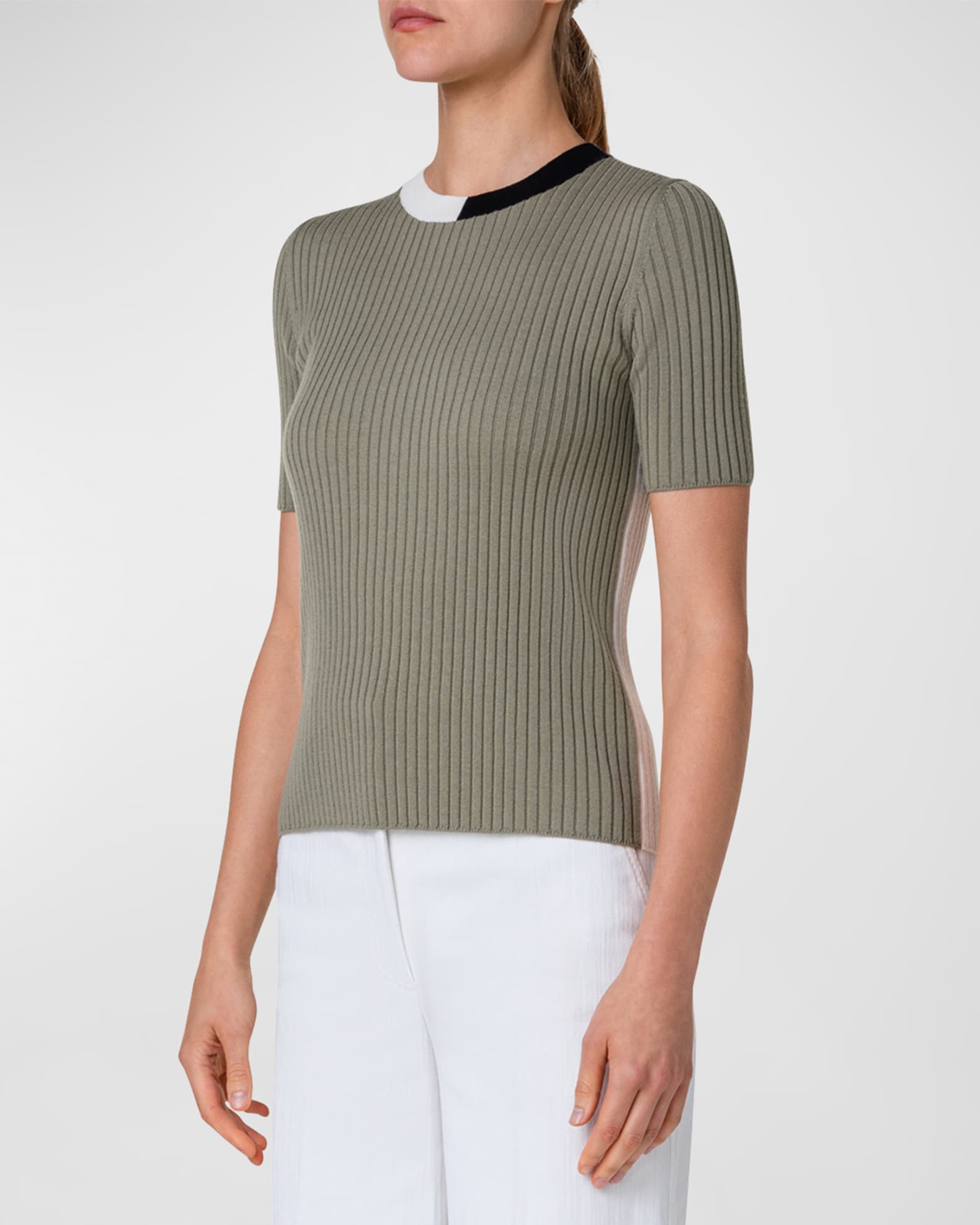 Akris punto Ribbed Knit Wool Top with Colorblock Collar | Neiman Marcus