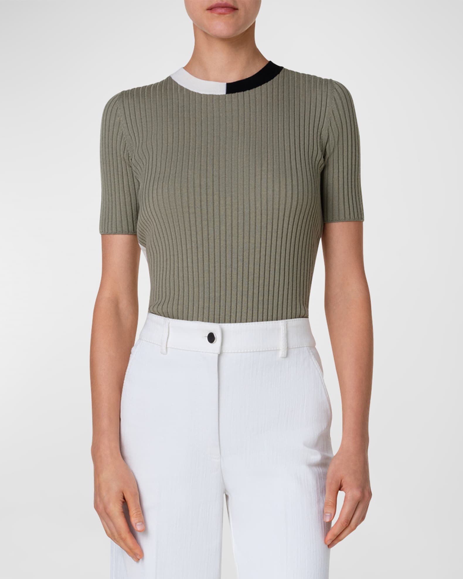 Akris punto Ribbed Knit Wool Top with Colorblock Collar | Neiman Marcus