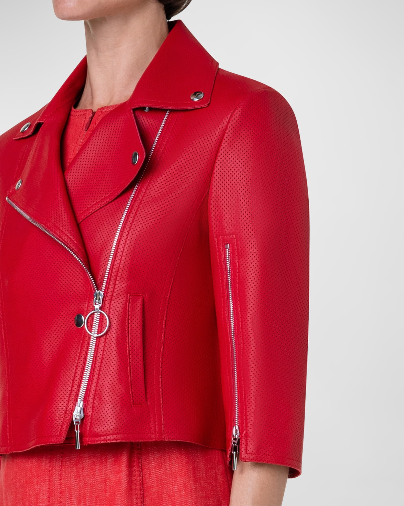 Akris punto Perforated Nappa Leather Cropped Biker Jacket | Neiman Marcus
