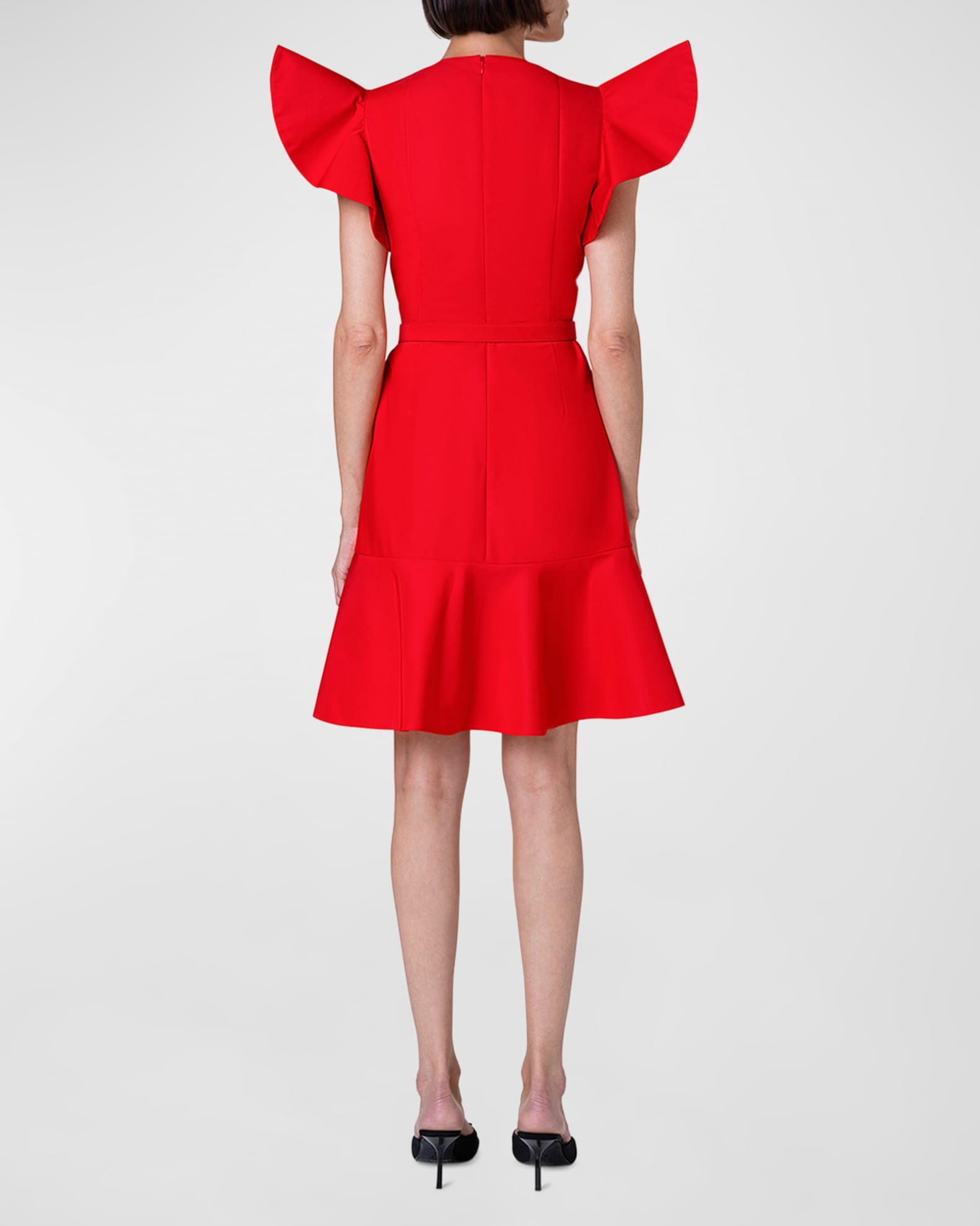 Akris punto Short Wing-Sleeve Belted Taffeta Ruffle-Hem Dress | Neiman ...