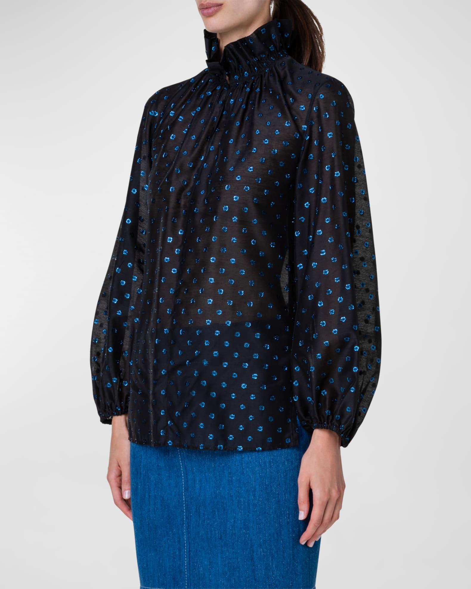 Akris punto Metallic Dot Devore Ruffle-Collar Long-Sleeve Blouse ...