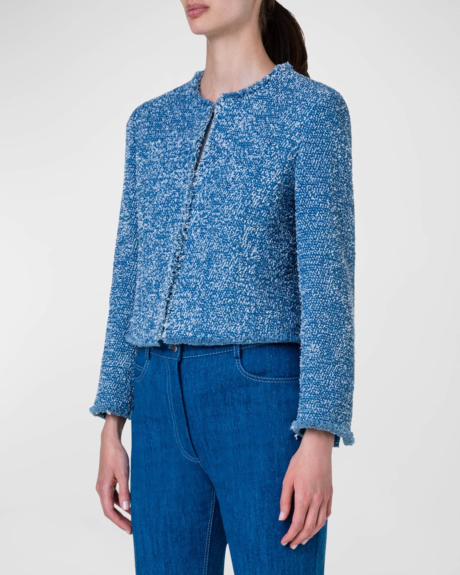 Akris punto Fringe Denim Tweed Boxy Cropped Jacket | Neiman Marcus