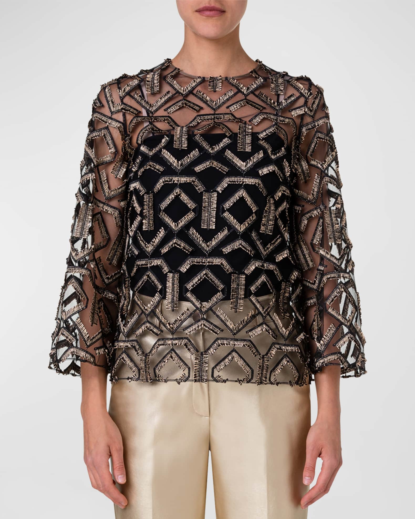 Akris punto Fringe-Embroidered Tulle Blouse | Neiman Marcus