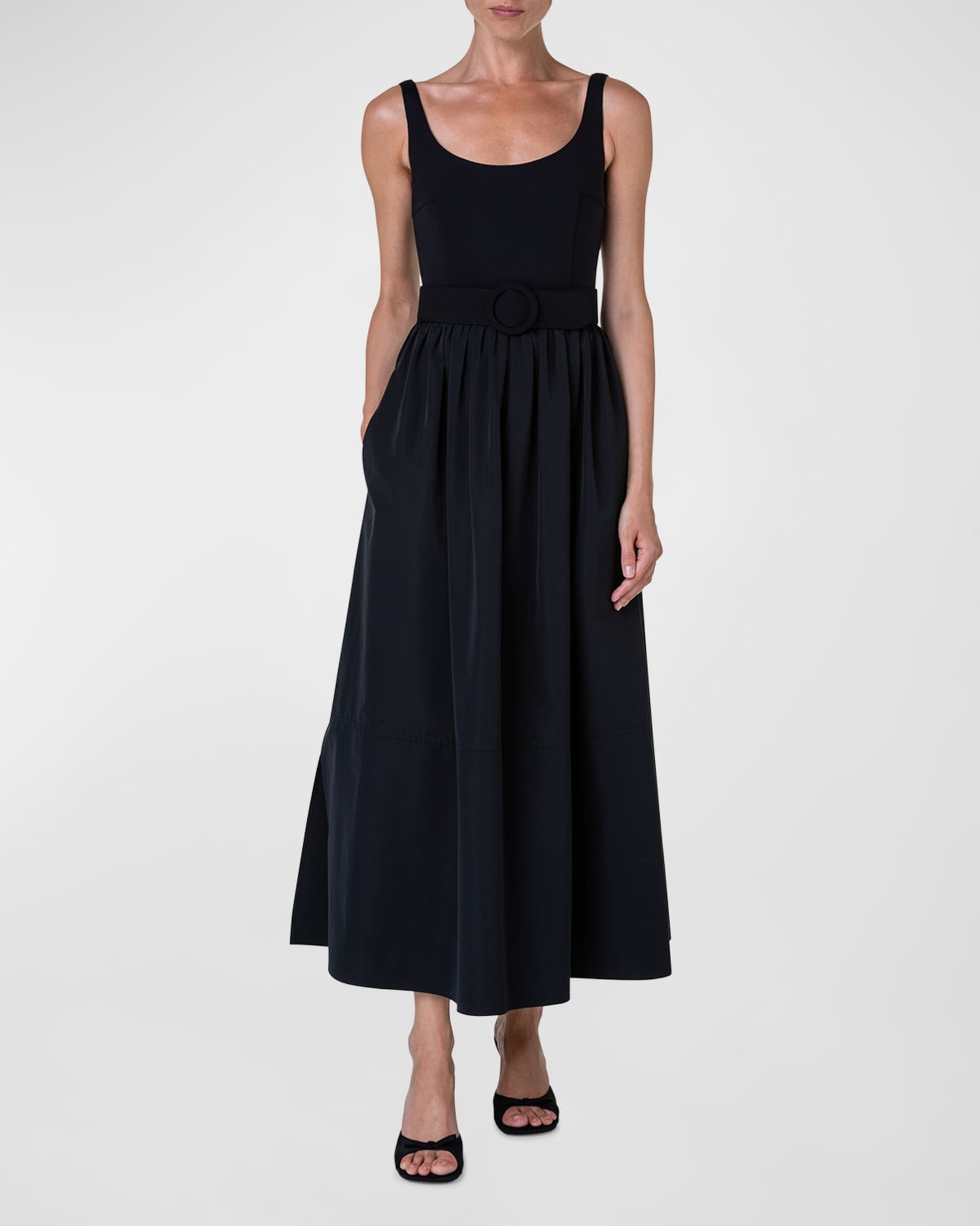 Akris punto Mix-Media Midi Dress with D-Ring Fabric Belt | Neiman Marcus