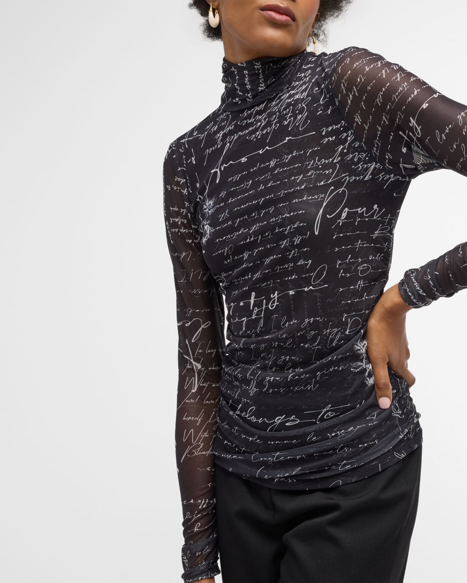 Cinq a Sept Mon Amour Shirred Mesh Turtleneck | Neiman Marcus