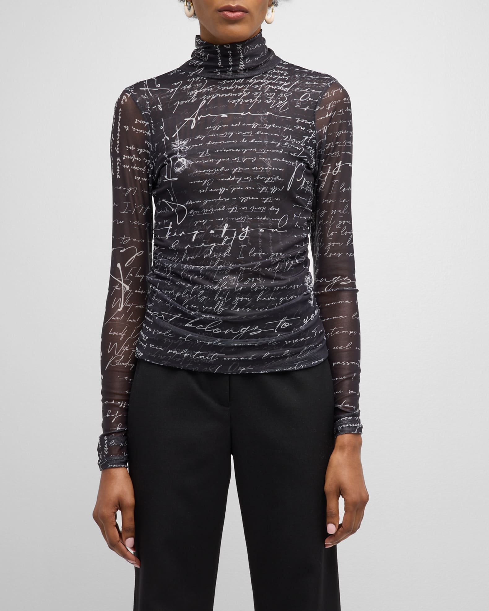 Cinq a Sept Mon Amour Shirred Mesh Turtleneck | Neiman Marcus