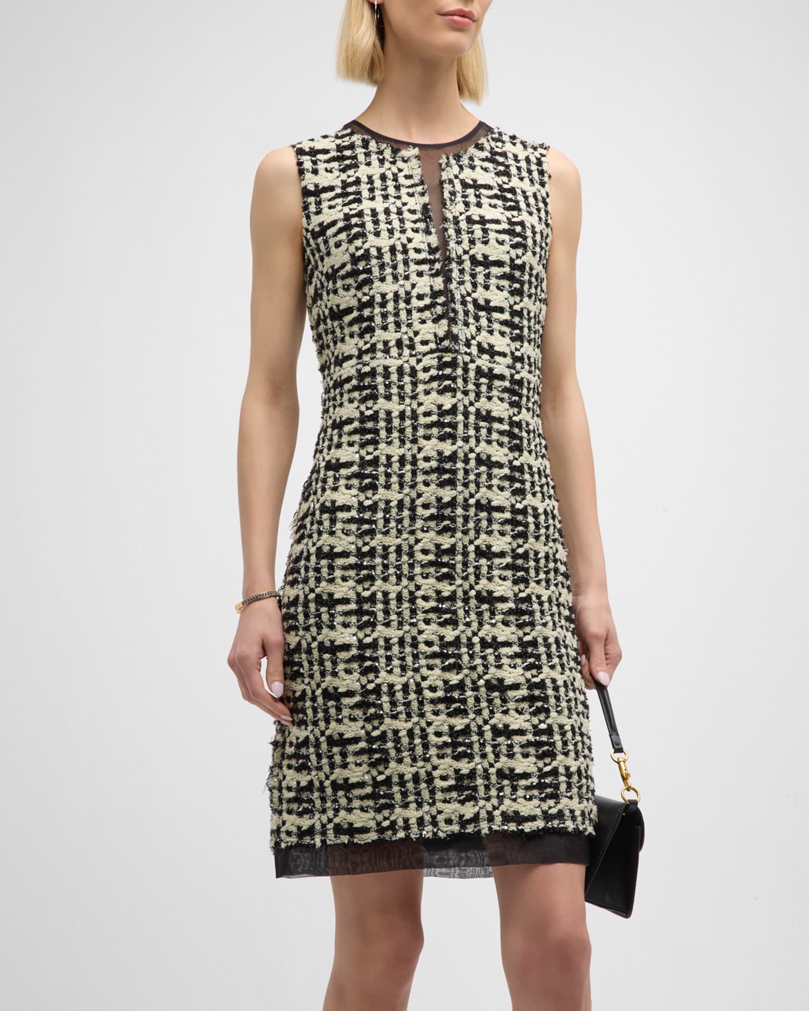 St. John Sleeveless Organza-Trim Metallic Slub Paillette Plaid Knit ...