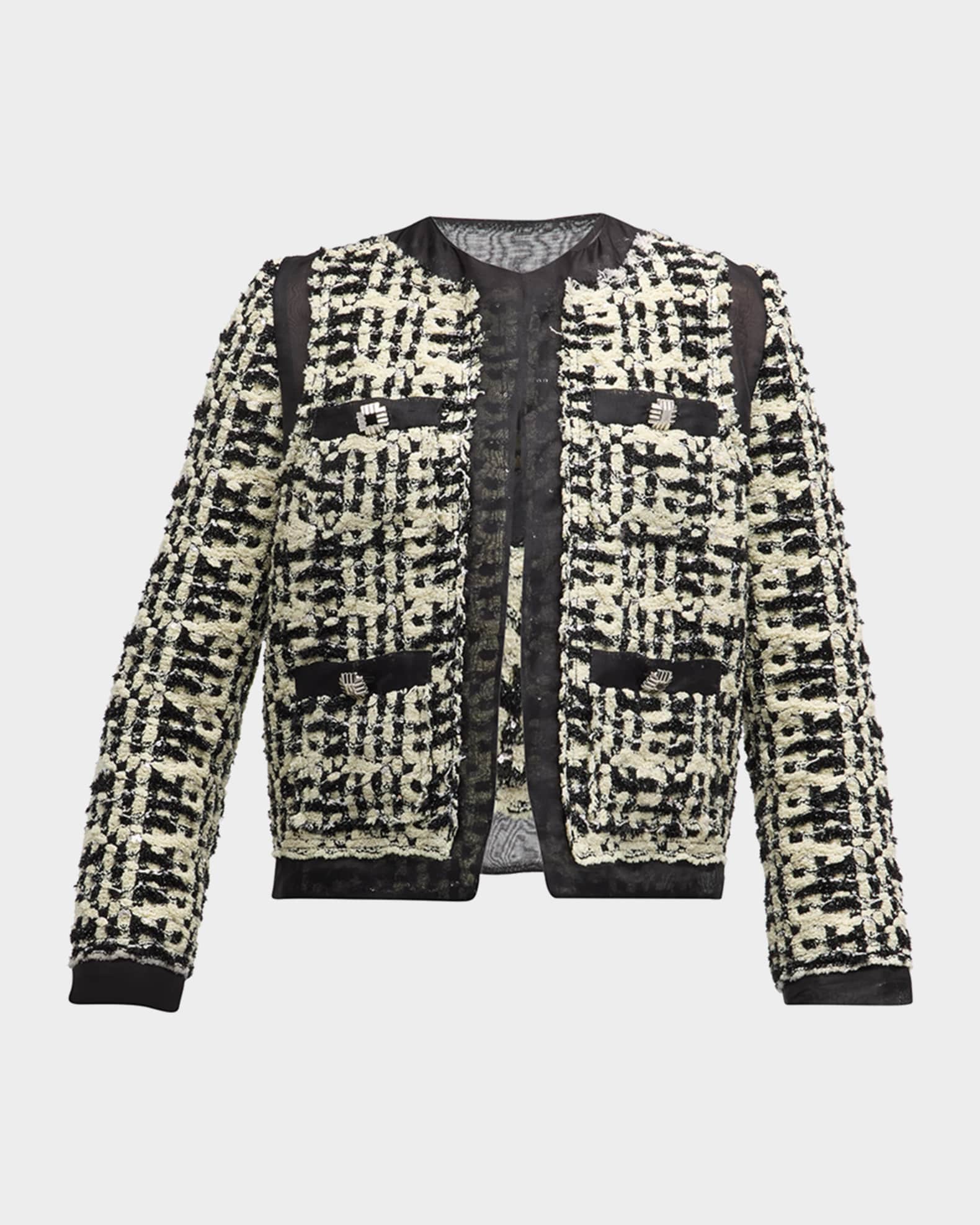 St. John Organza-Trim Metallic Slub Paillette Plaid Knit Jacket ...