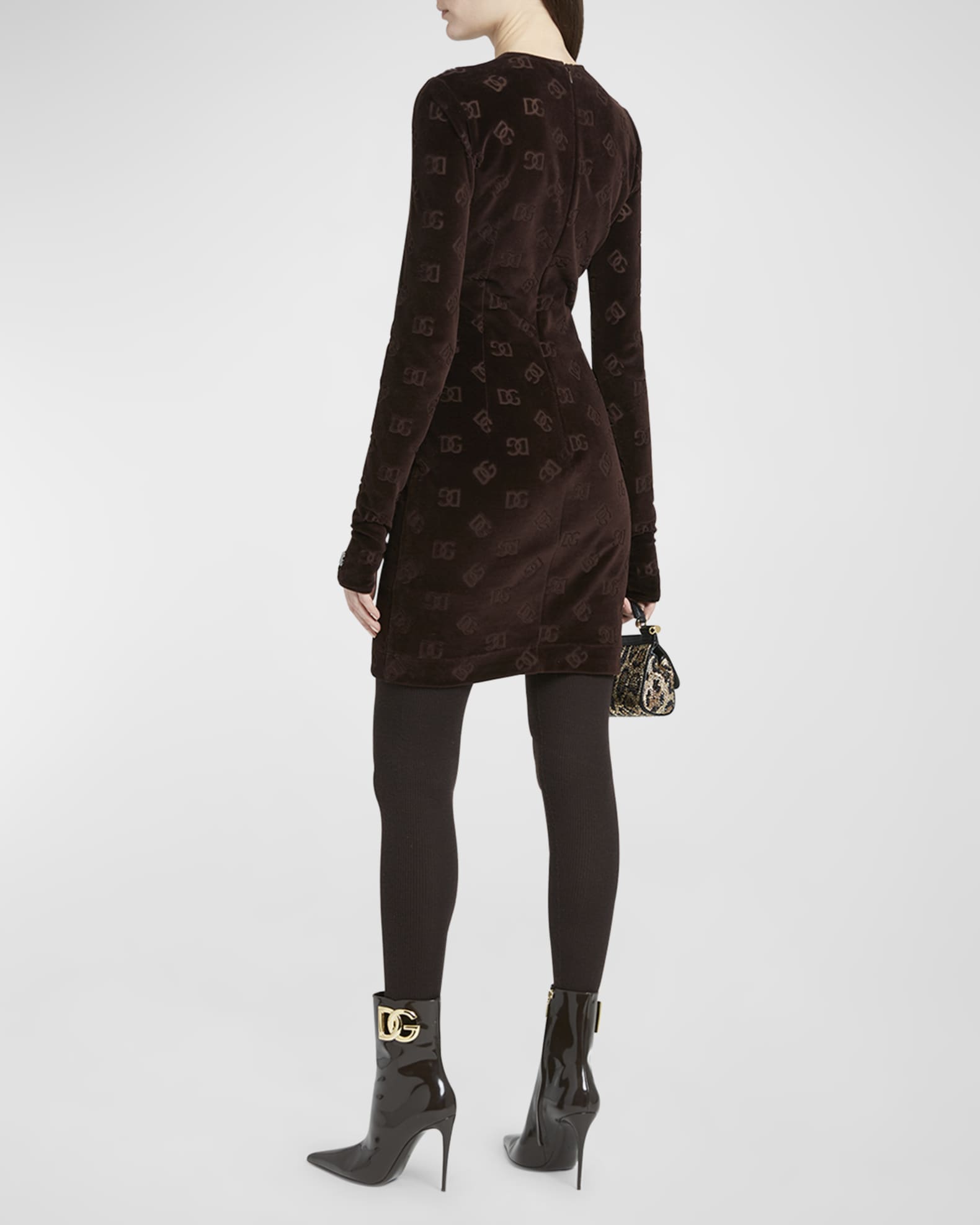 Dolce&Gabbana DG Embossed Velvet Long-Sleeve Mini Dress | Neiman Marcus