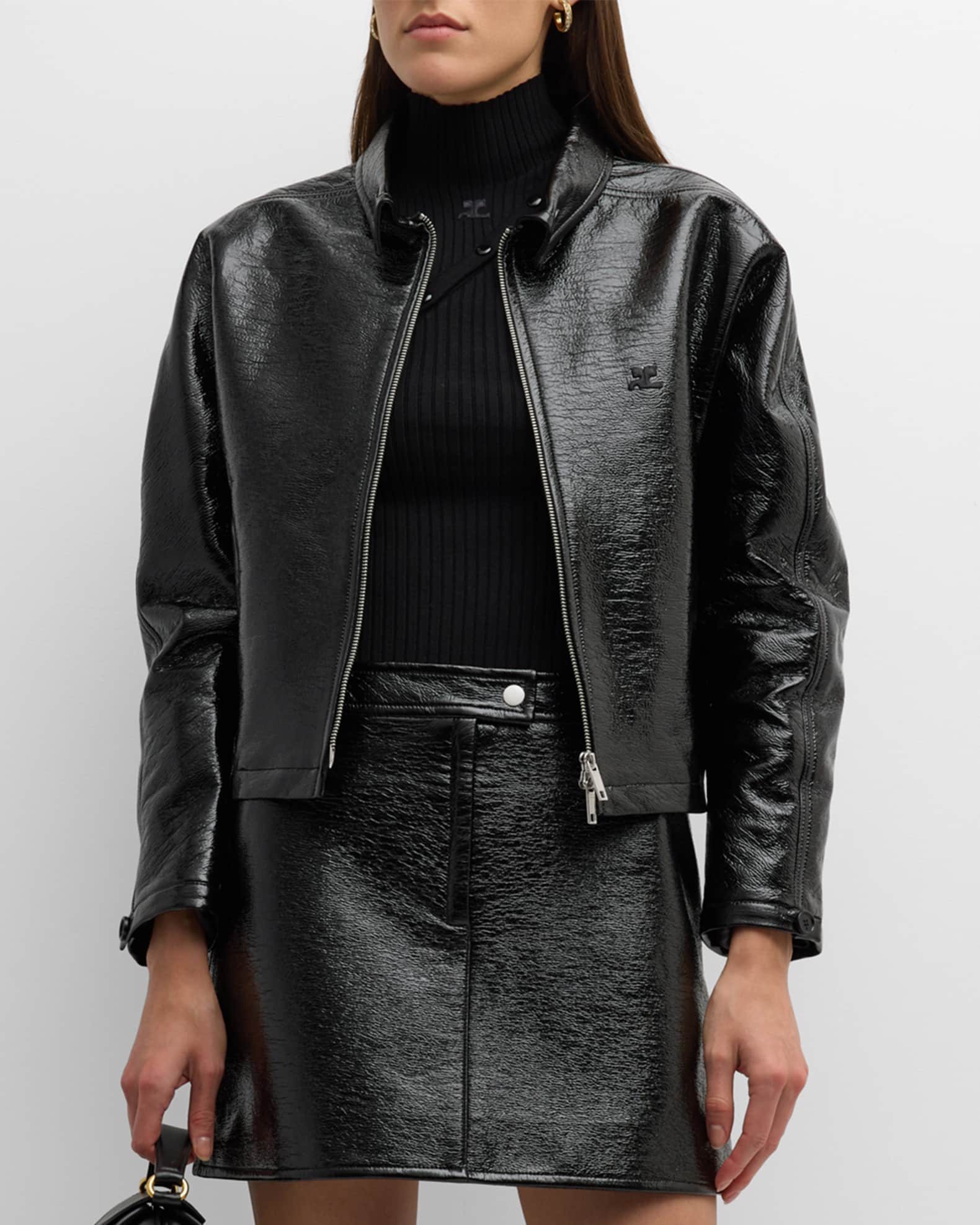Courreges Shiny Vinyl Zip Bomber Jacket | Neiman Marcus