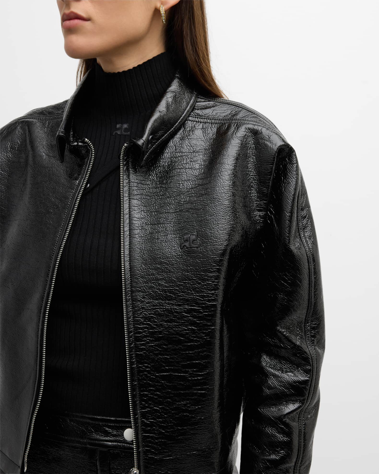 Courreges Shiny Vinyl Zip Bomber Jacket | Neiman Marcus