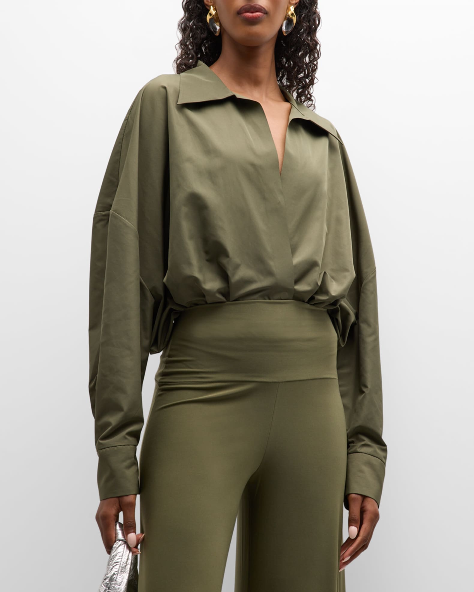 Norma Kamali Oversized Boyfriend Shirt Plunge Bodysuit | Neiman Marcus