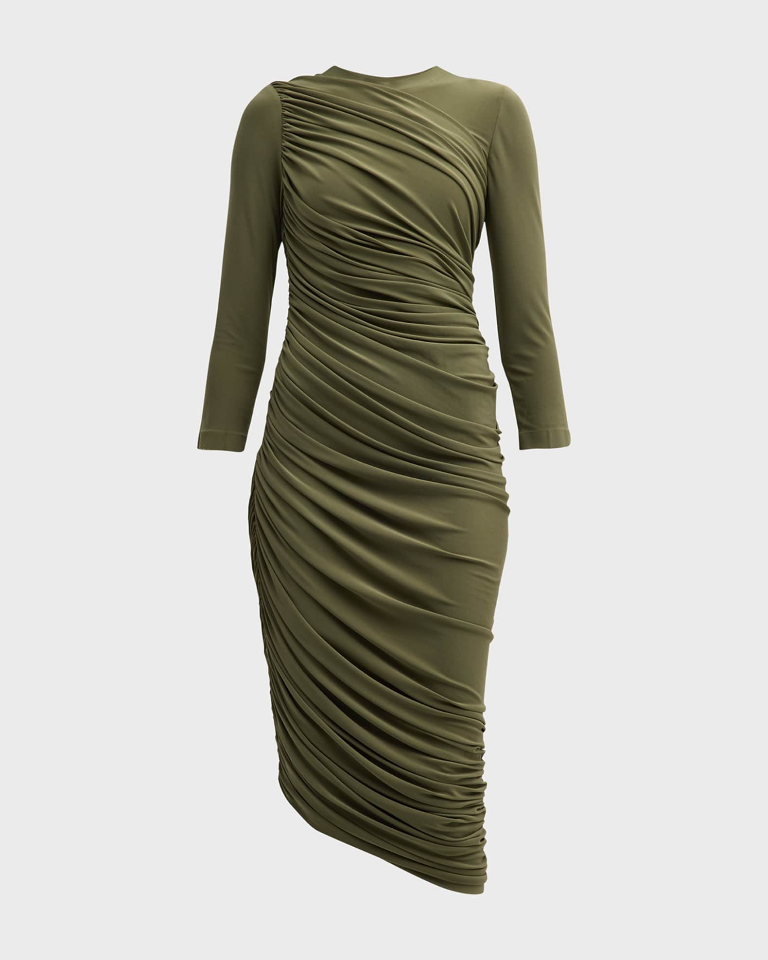 Norma Kamali Diana Long-Sleeve Shirred Knee-Length Asymmetric Dress | Neiman Marcus