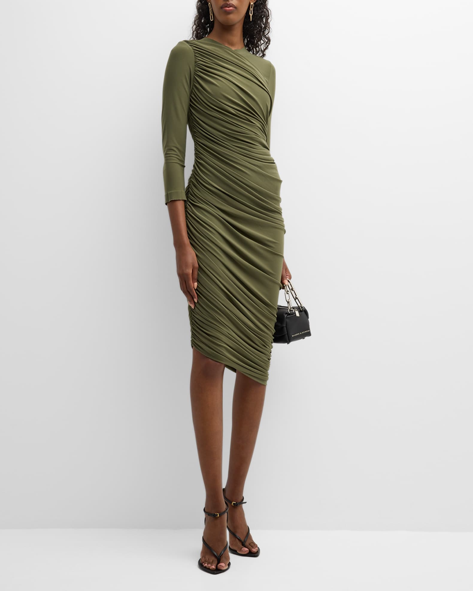 Norma Kamali Diana Long-Sleeve Shirred Knee-Length Asymmetric Dress | Neiman Marcus