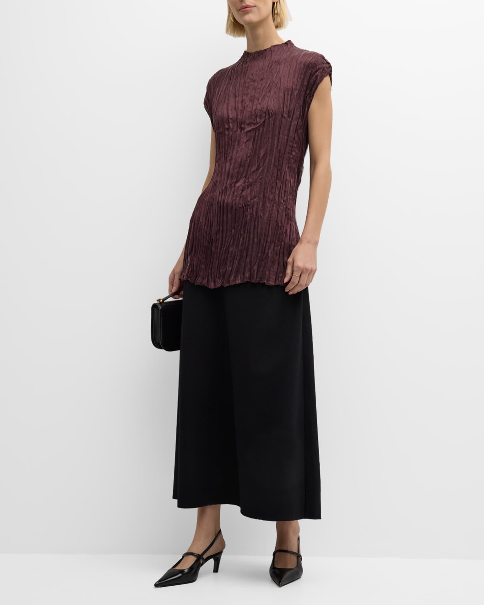 Eileen Fisher Crinkled Mock-Neck Cap-Sleeve Tunic | Neiman Marcus