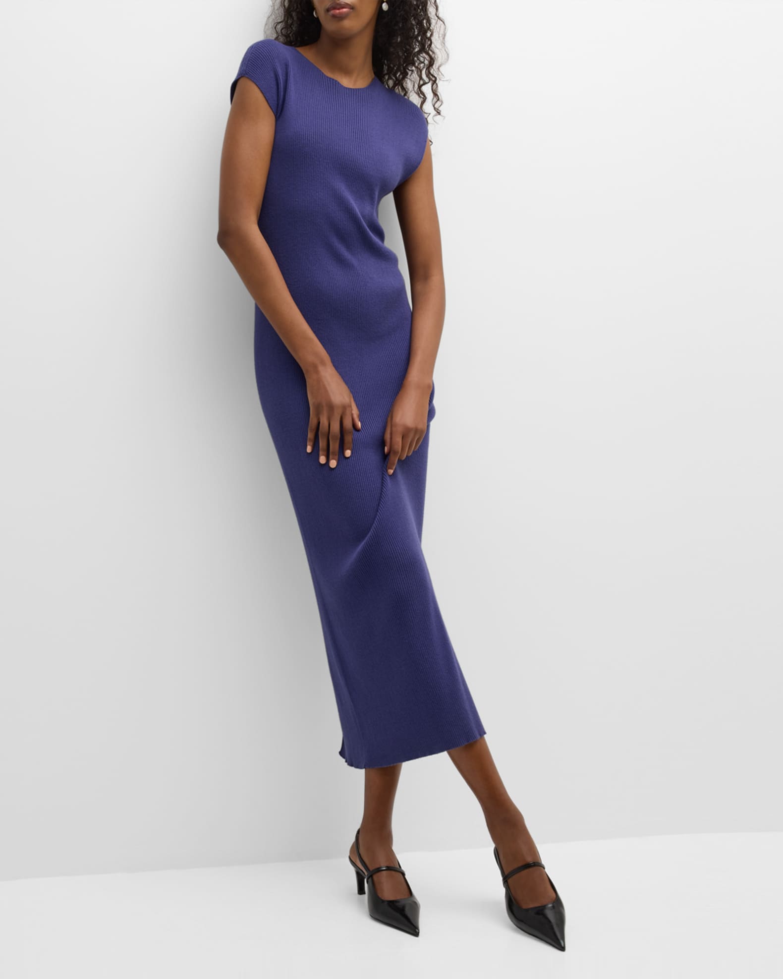 Emporio Armani Cap-Sleeve Seamless Ribbed Midi Dress | Neiman Marcus