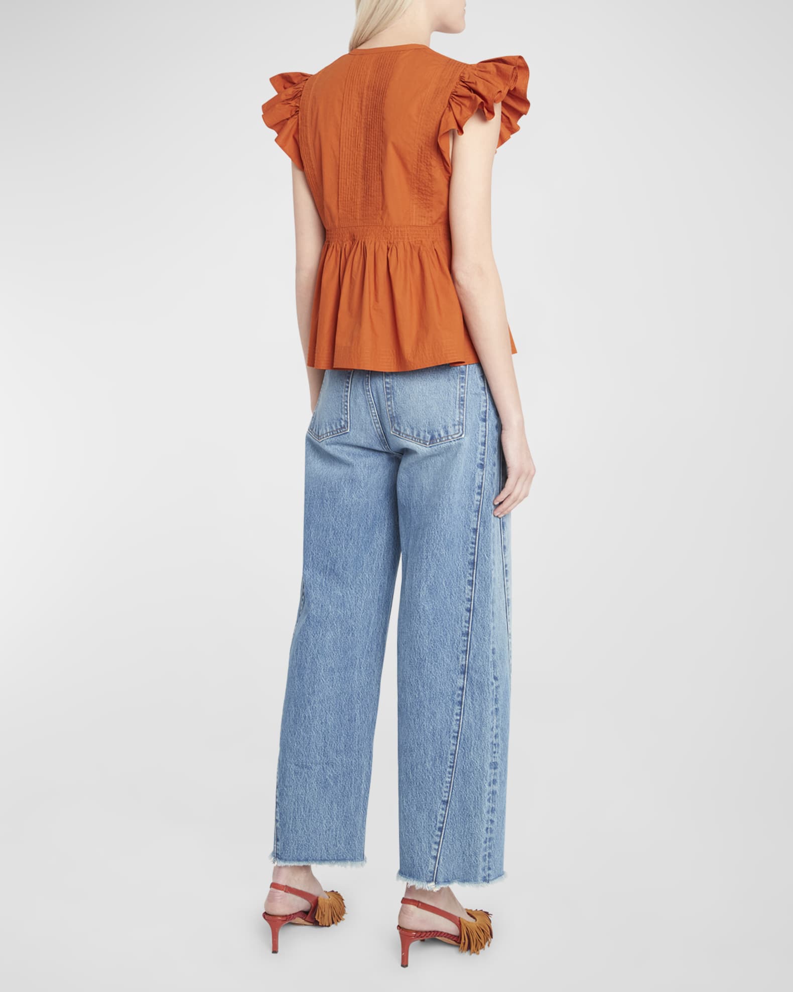 Ulla Johnson Luise Ruffle-Sleeve Cotton Poplin Top | Neiman Marcus