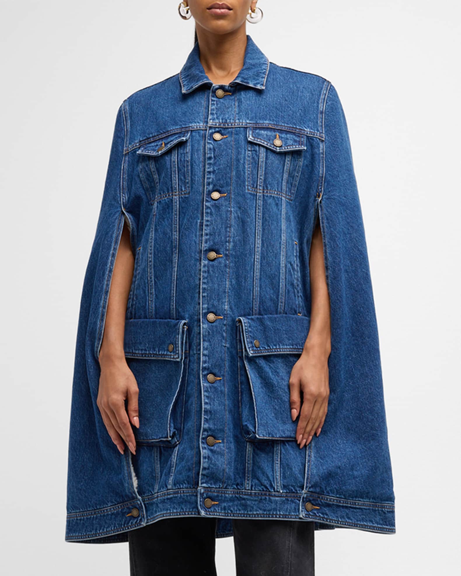 DARKPARK Kate Denim Shearling-Lined Cape | Neiman Marcus