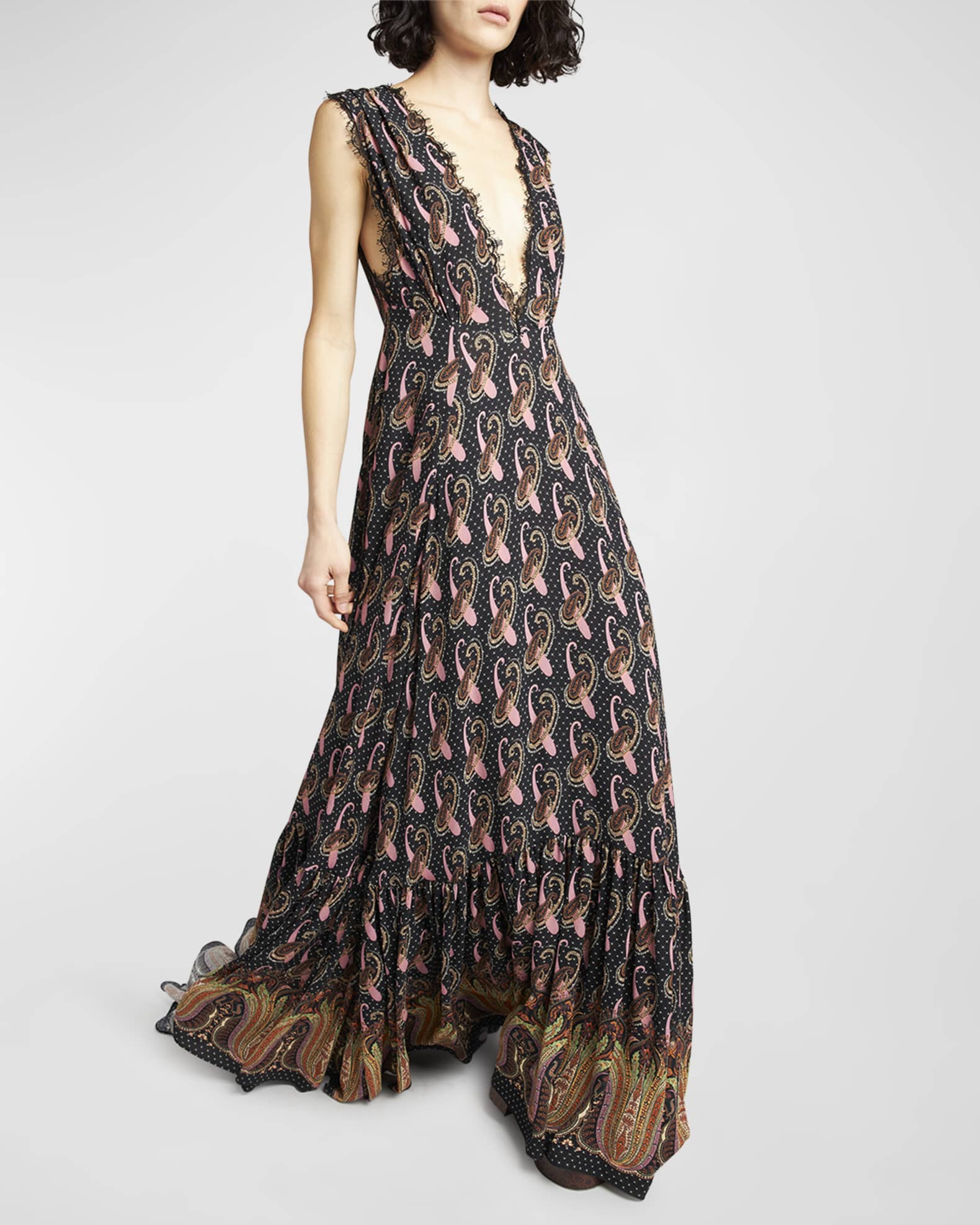 Etro Engineer New Paisley Printed V-Neck Gown | Neiman Marcus