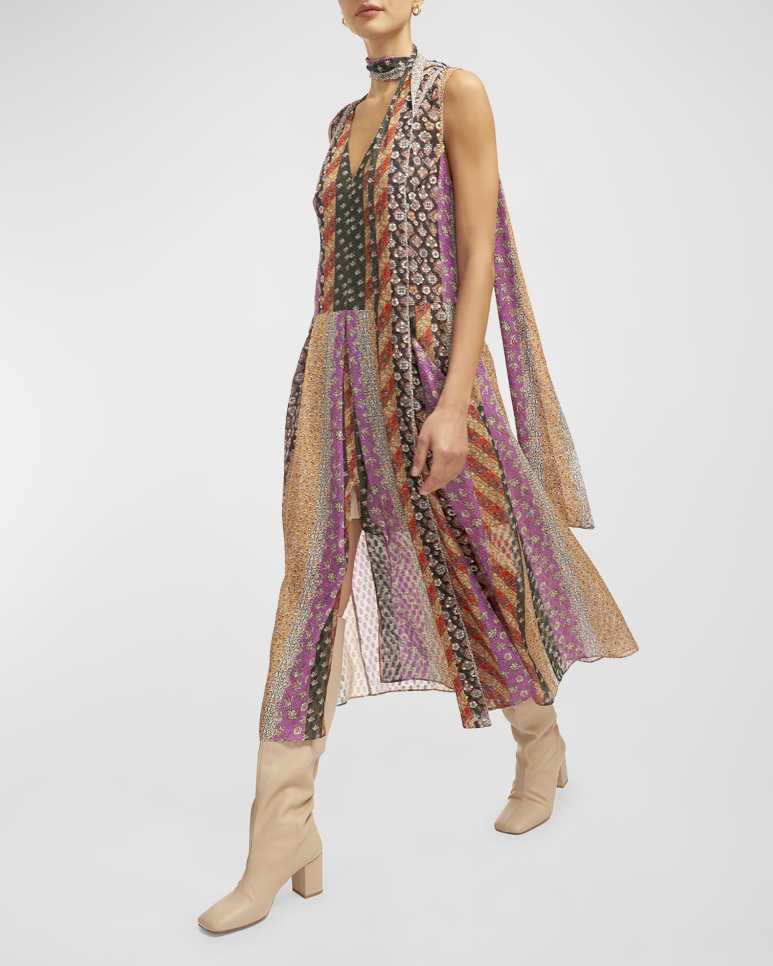 Equipment Lev Sleeveless Floral-Print Tie-Neck Midi Dress | Neiman Marcus