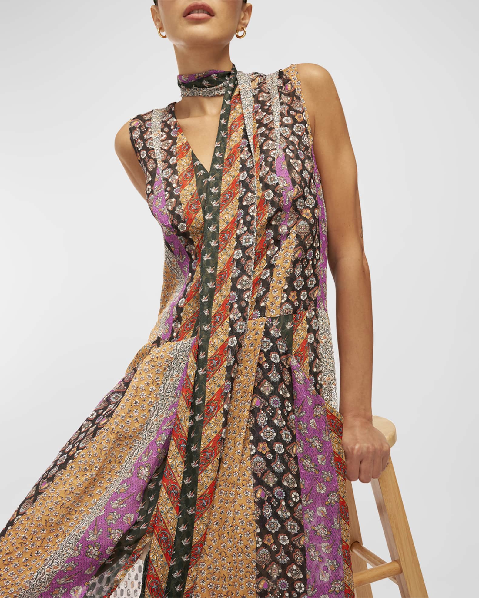 Equipment Lev Sleeveless Floral-Print Tie-Neck Midi Dress | Neiman Marcus