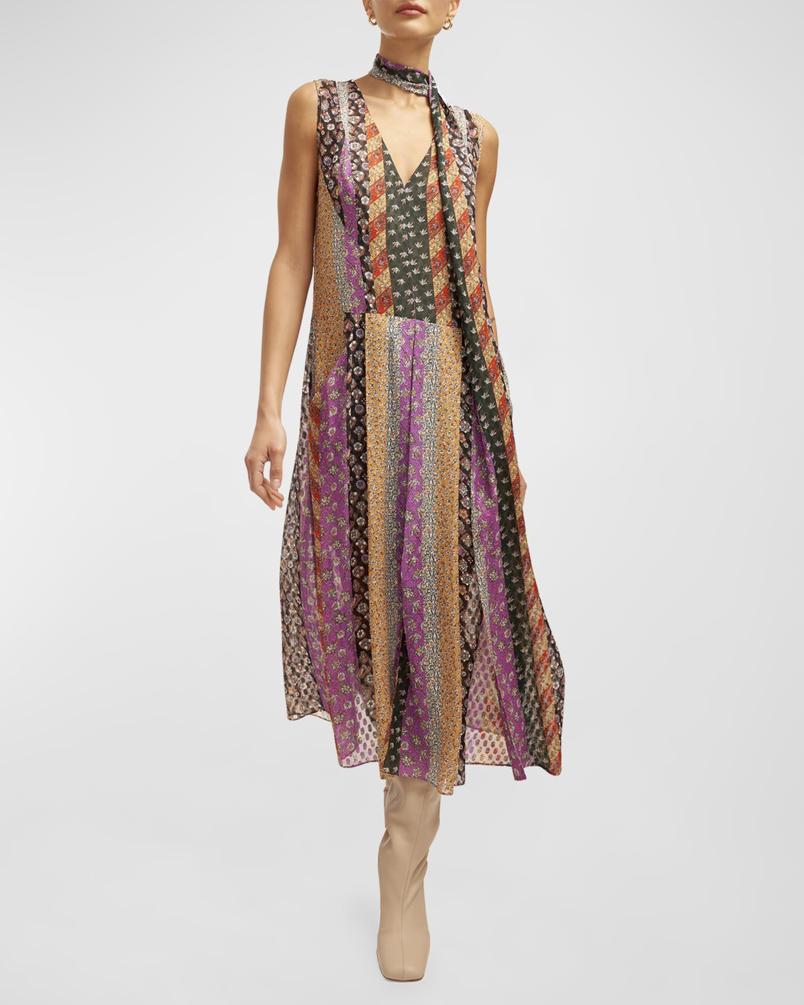 Equipment Lev Sleeveless Floral-Print Tie-Neck Midi Dress | Neiman Marcus