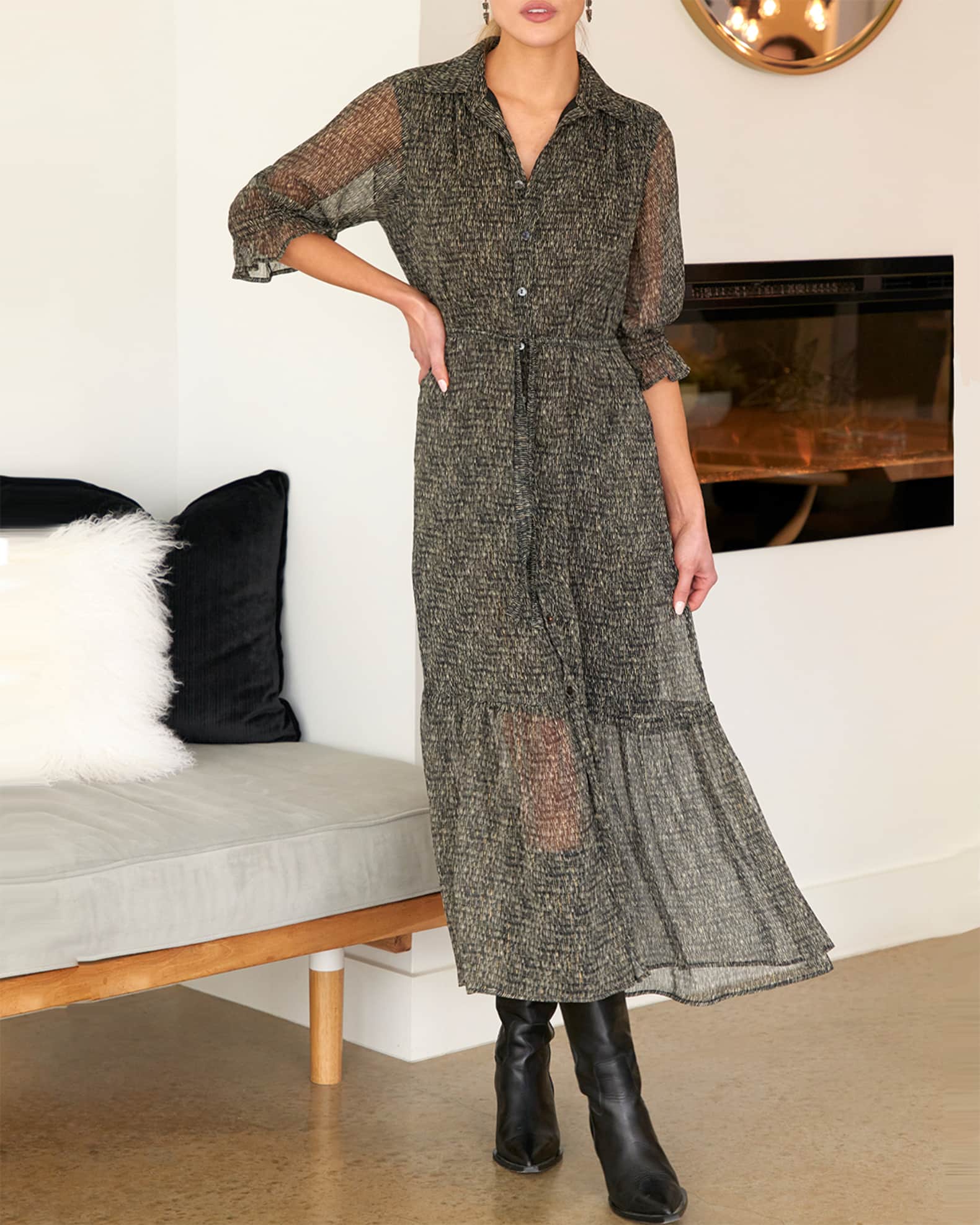 Finley Sienna Belted Pixel-Print Chiffon Dress | Neiman Marcus