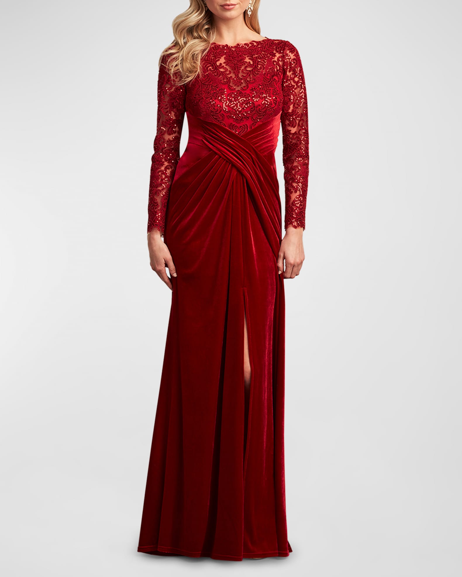 Tadashi Shoji Pleated Sequin Lace & Velvet Gown | Neiman Marcus