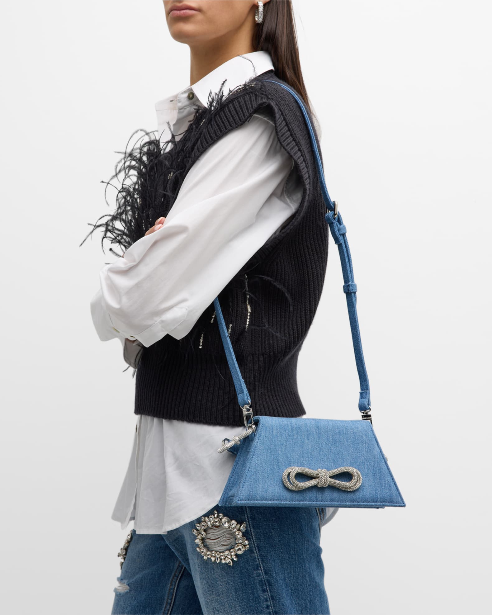 MACH & MACH Samantha Medium Double Bow Denim Top-Handle Bag | Neiman Marcus