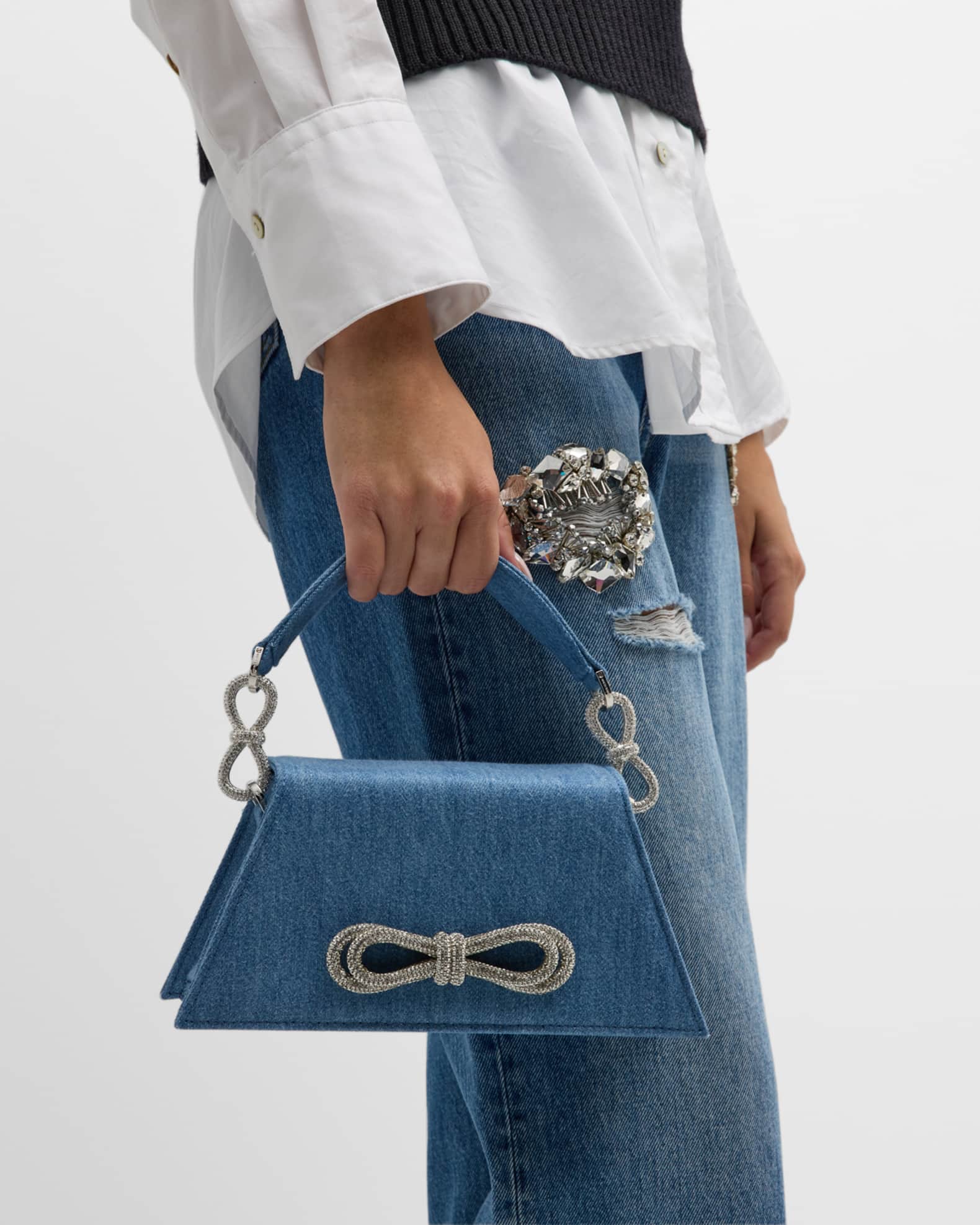 MACH & MACH Samantha Medium Double Bow Denim Top-Handle Bag | Neiman Marcus