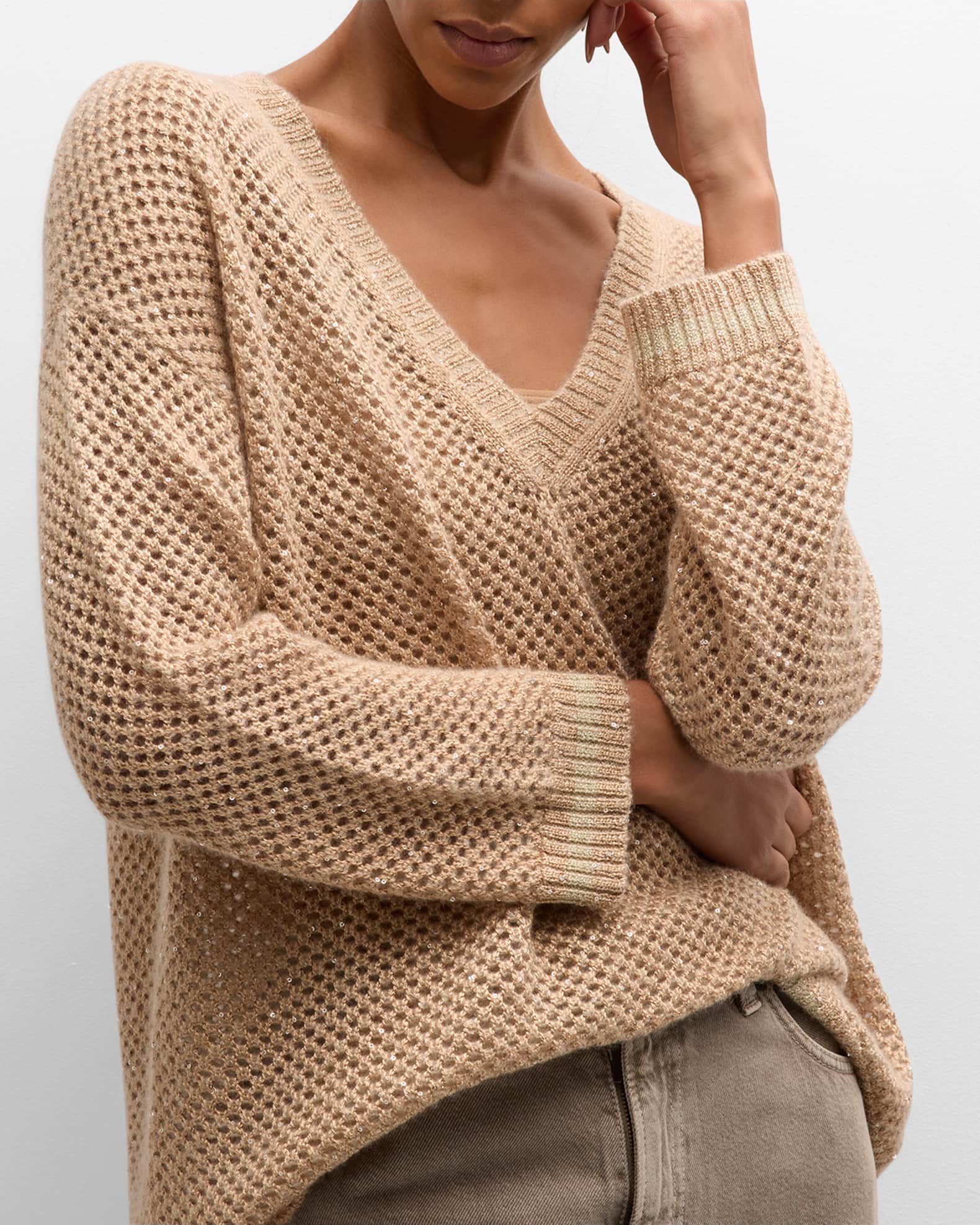 Neiman Marcus Cashmere Collection Cashmere Open Weave Sweater with ...