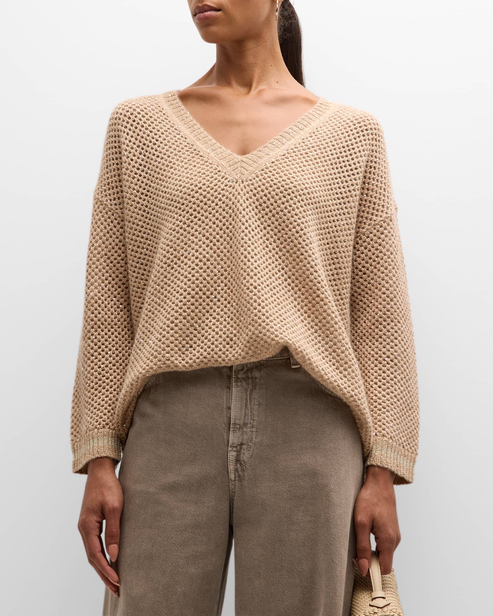 Neiman Marcus Cashmere Collection Cashmere Open Weave Sweater with ...