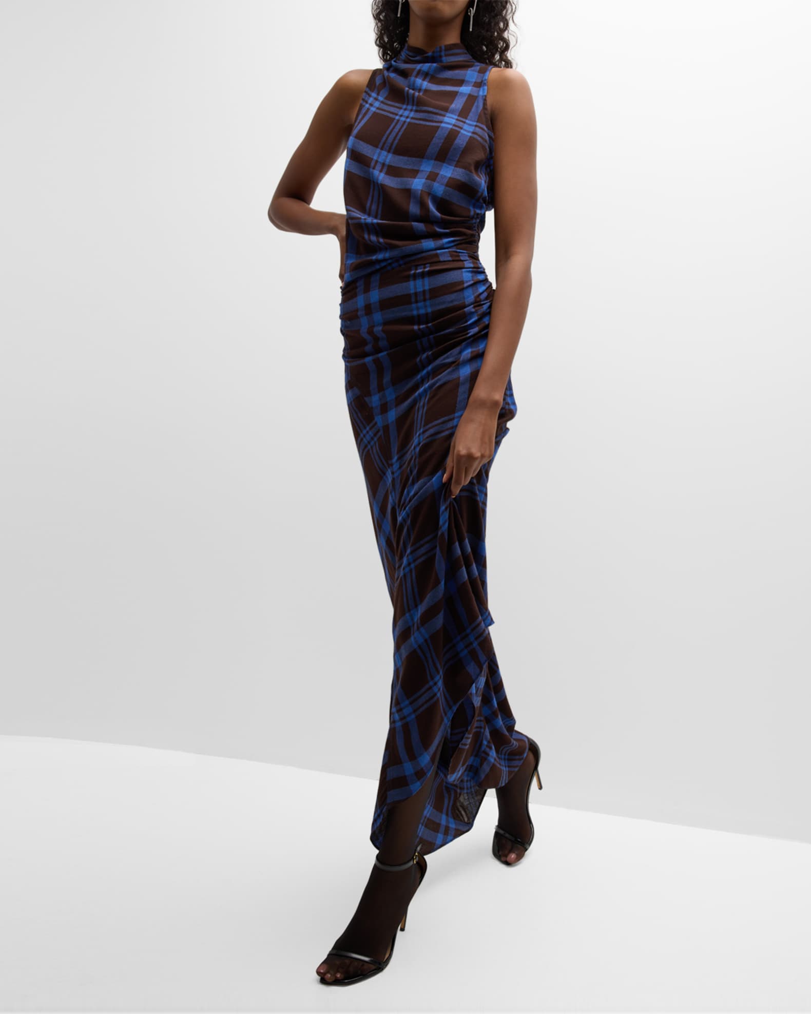 A.L.C. Iggy Plaid Draped High-Neck Maxi Dress | Neiman Marcus
