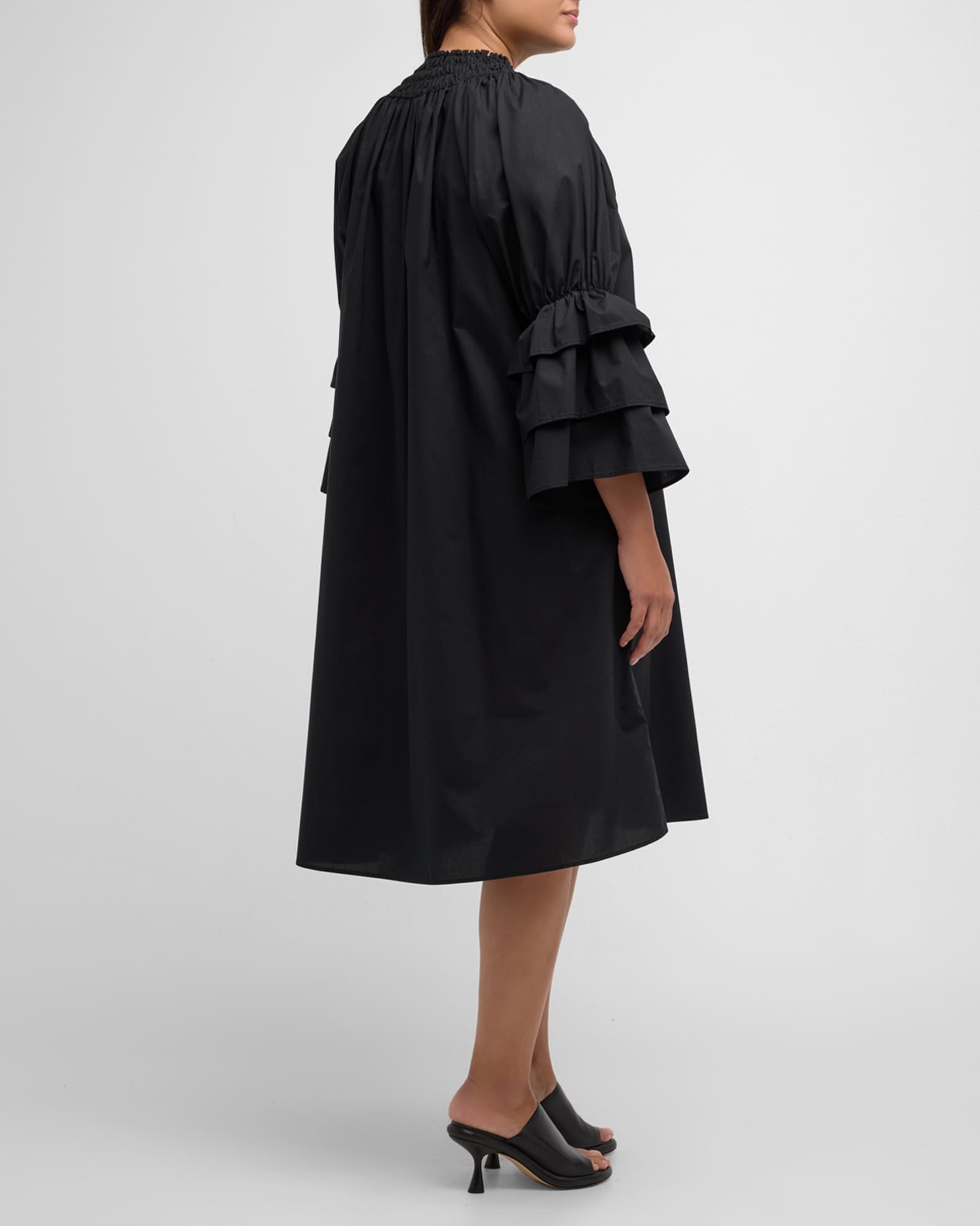 Harshman Plus Size Daphne Ruched Ruffle-Cuff Midi Dress | Neiman Marcus