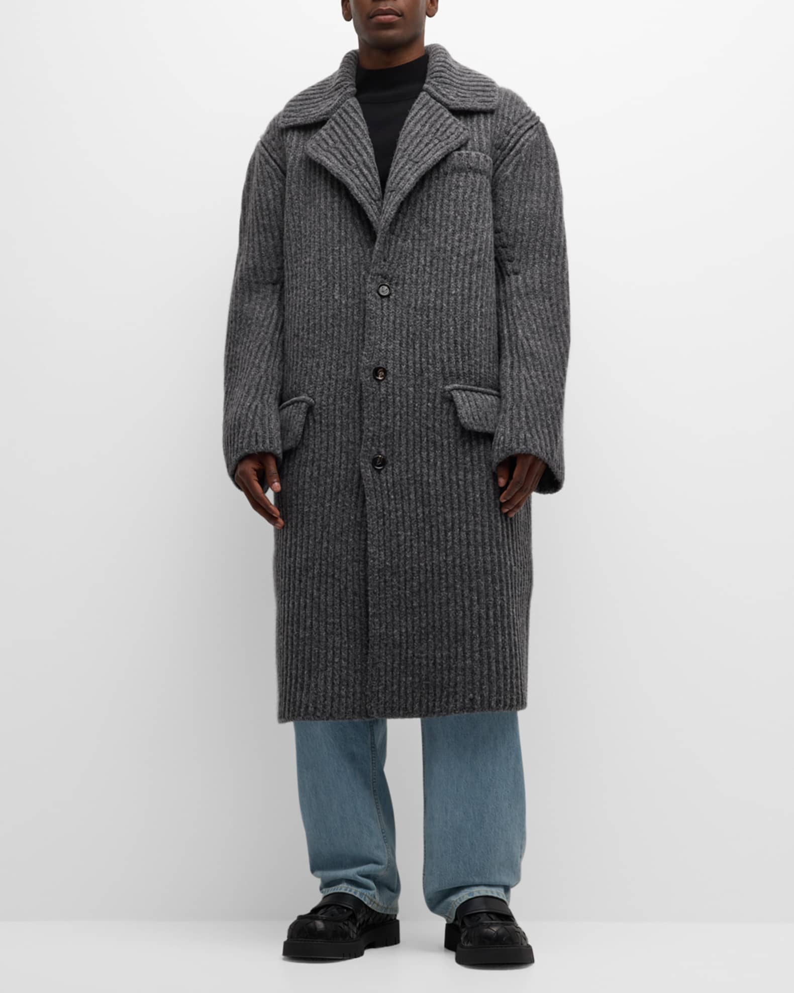 Bottega Veneta Men's Felted Wool Ribbed Overcoat | Neiman Marcus