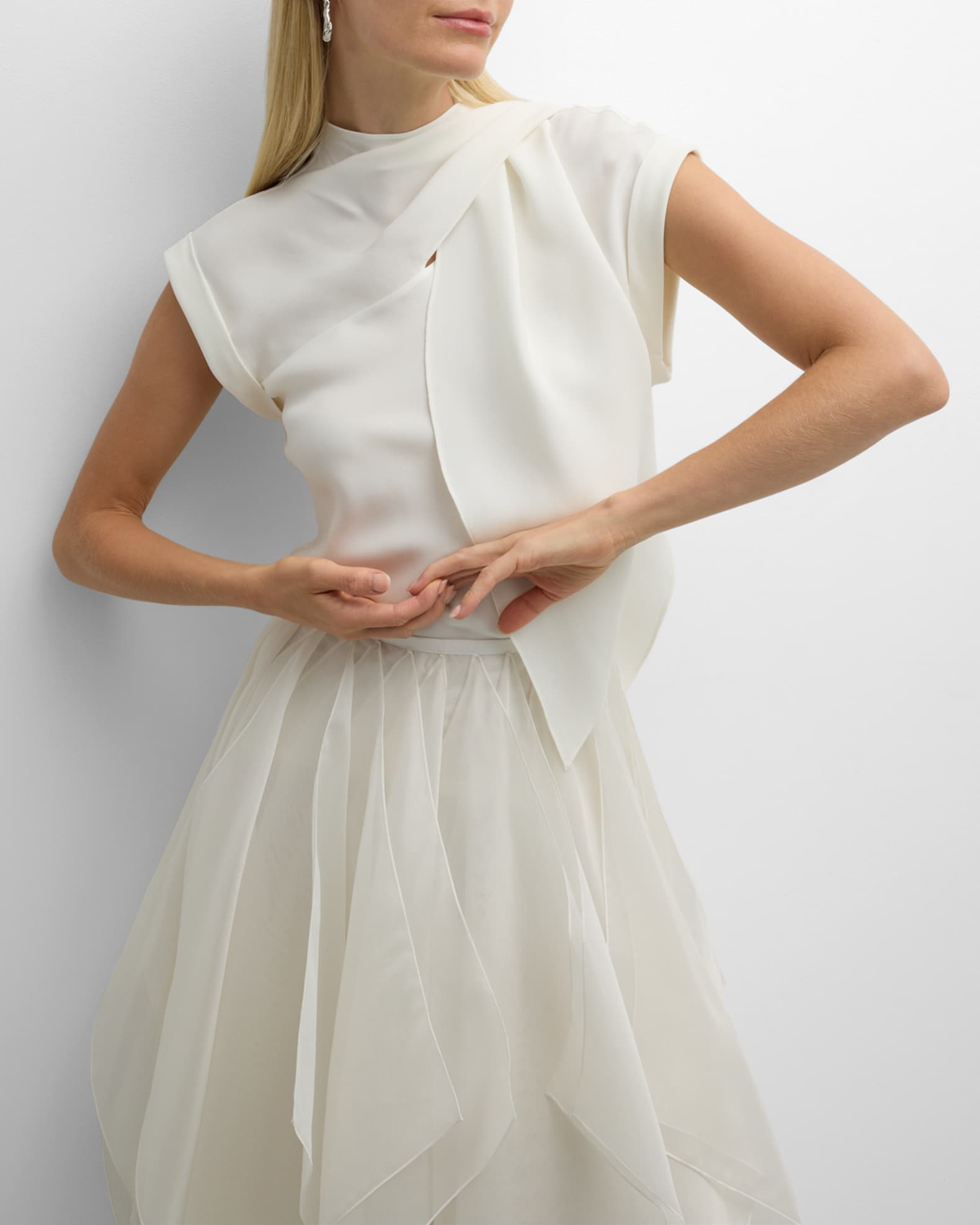 Lafayette 148 New York Draped Cap-Sleeve Silk Blouse | Neiman Marcus