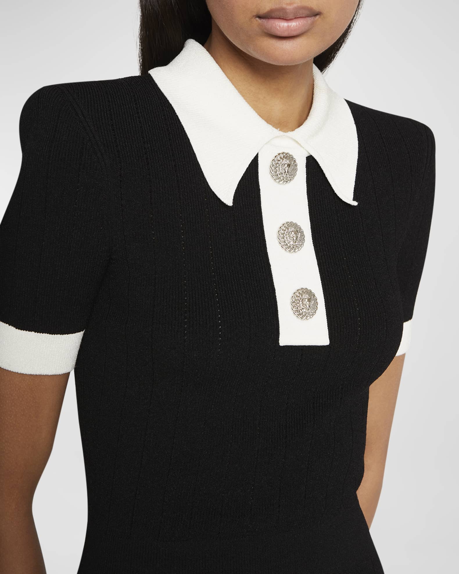 Balmain Short-Sleeve Pointelle-Knit Mini Polo Shirtdress | Neiman Marcus