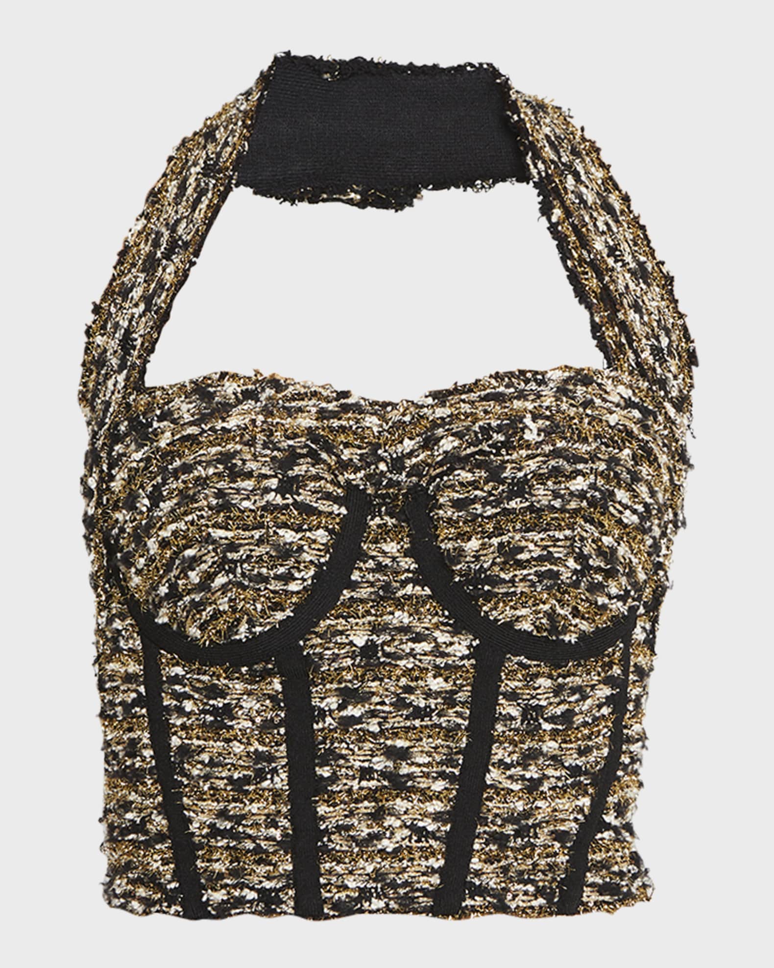 Balmain Metallic Eyelash Tweed Crop Halter Bustier Top | Neiman Marcus