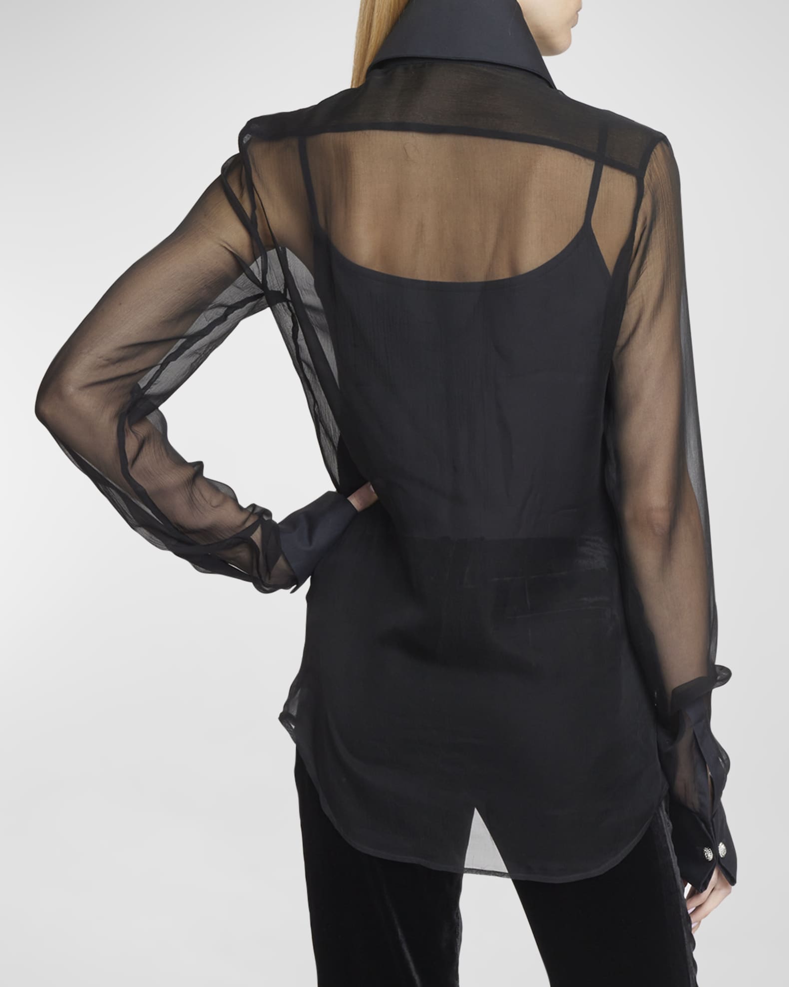 Balmain Sheer Silk Chiffon Collared Shirt | Neiman Marcus
