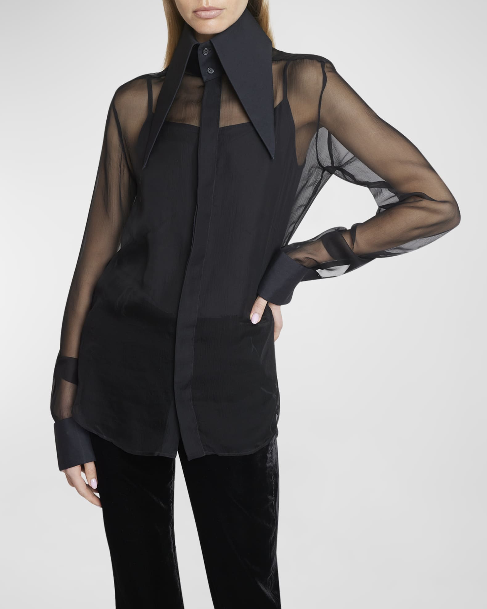 Balmain Sheer Silk Chiffon Collared Shirt | Neiman Marcus