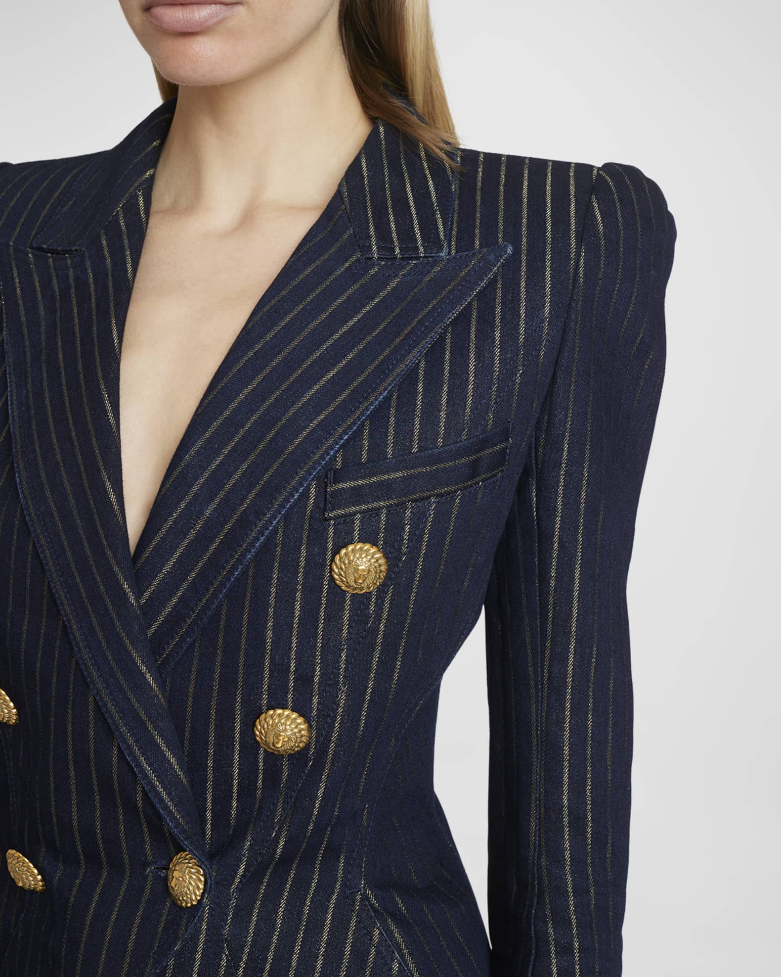 Balmain 8-Button Metallic Pinstripe Denim Double-Breasted Blazer Jacket ...