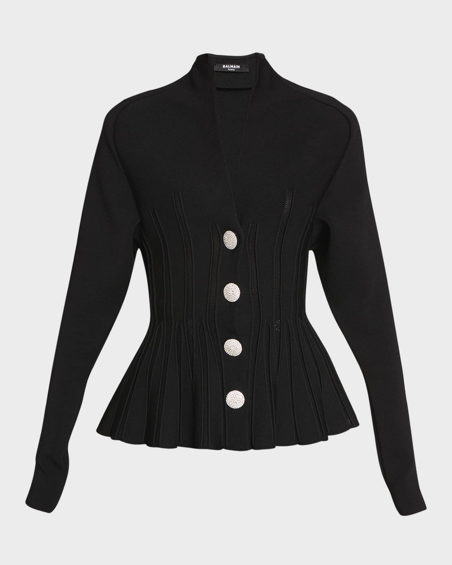 Balmain V-Neck Ribbed Peplum Basque Cardigan | Neiman Marcus