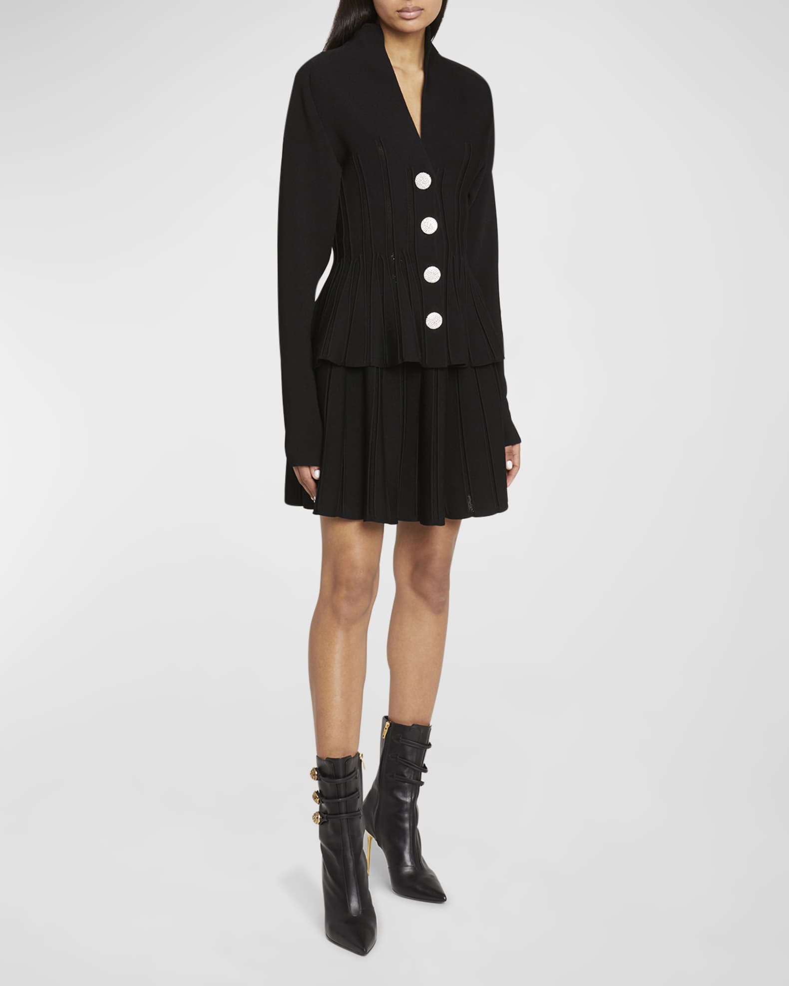 Balmain V-Neck Ribbed Peplum Basque Cardigan | Neiman Marcus