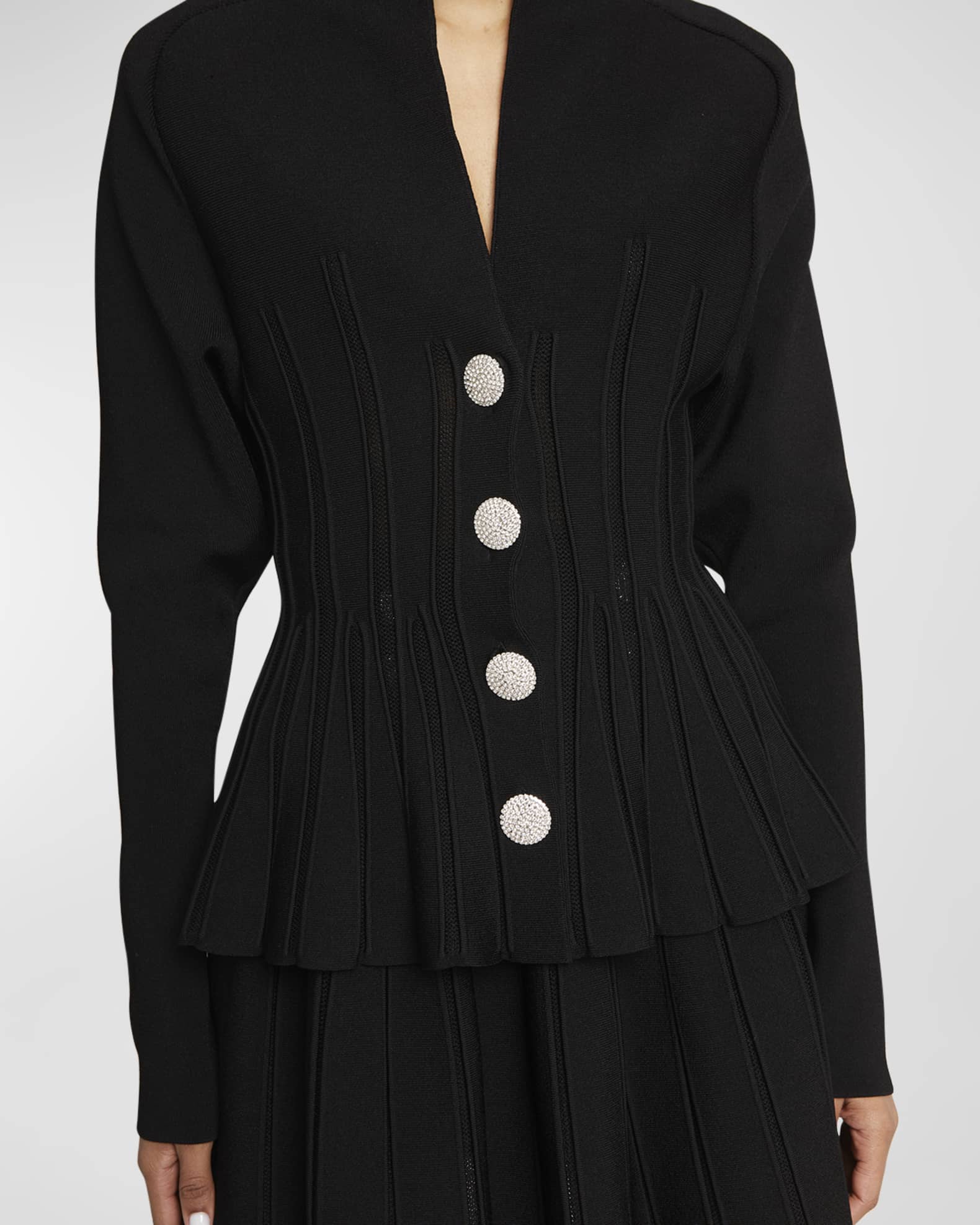 Balmain V-Neck Ribbed Peplum Basque Cardigan | Neiman Marcus