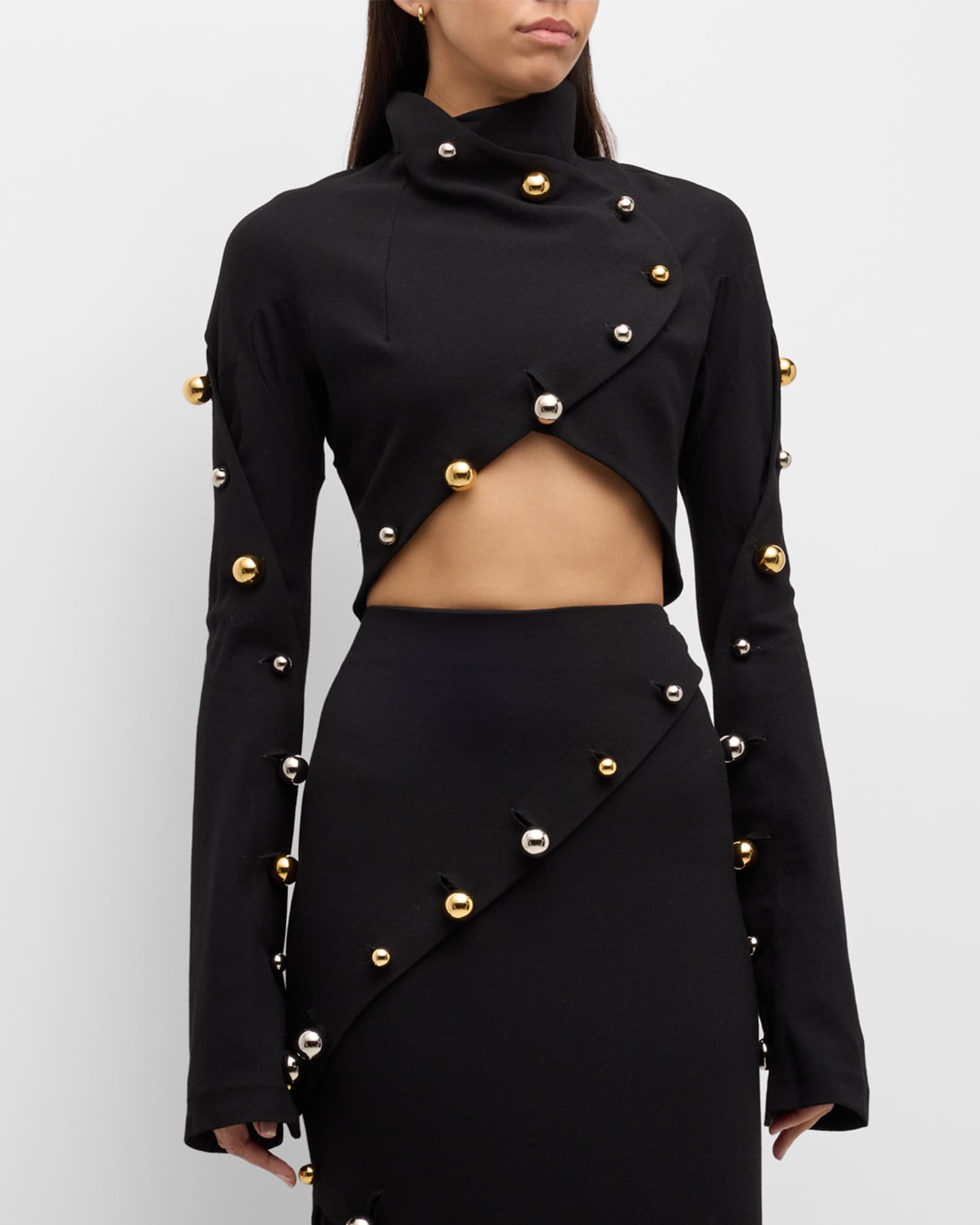 A.W.A.K.E. MODE Octopus Long-Sleeve Buttoned Crop Top | Neiman Marcus